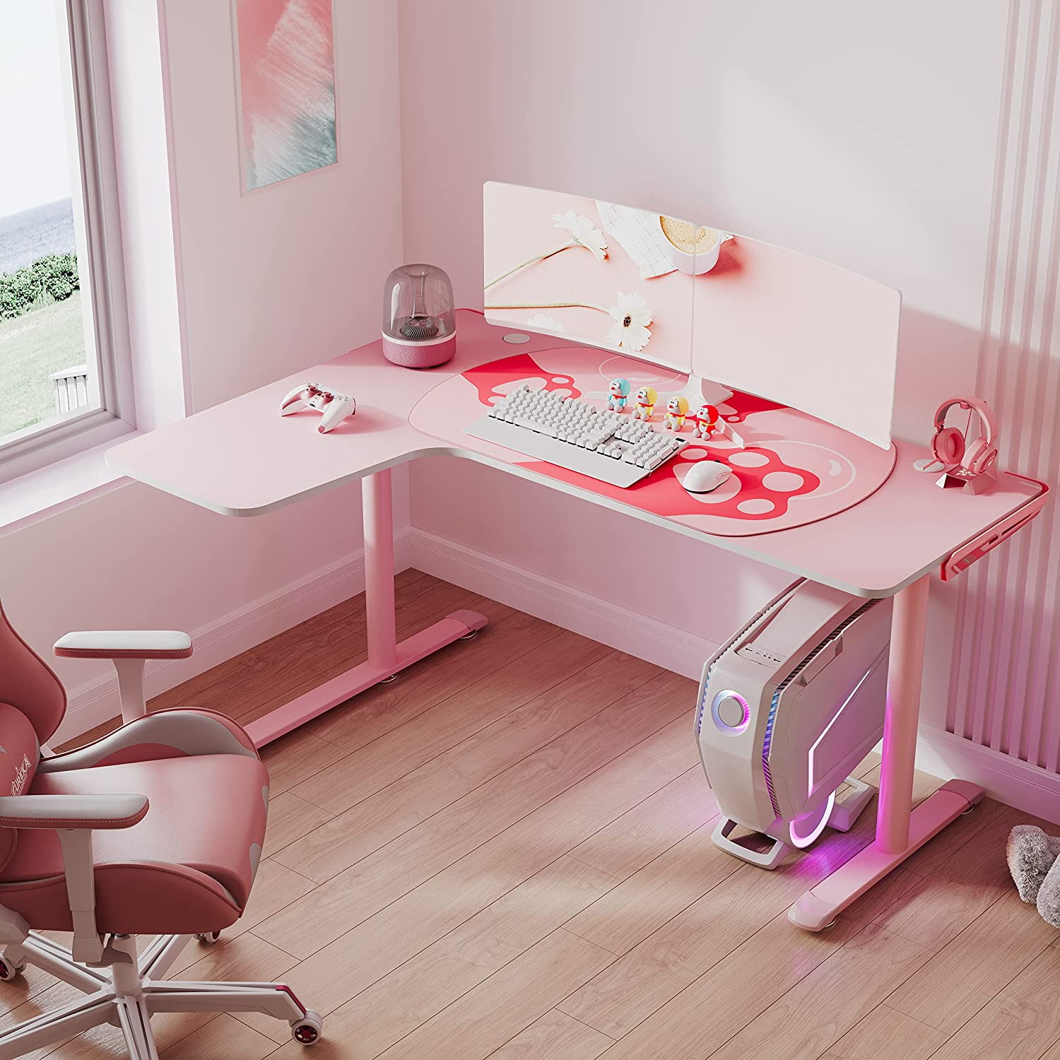 EUREKA ERGONOMIC Pink L Shaped Gaming Desk, 60 Inch Large Home Office ...