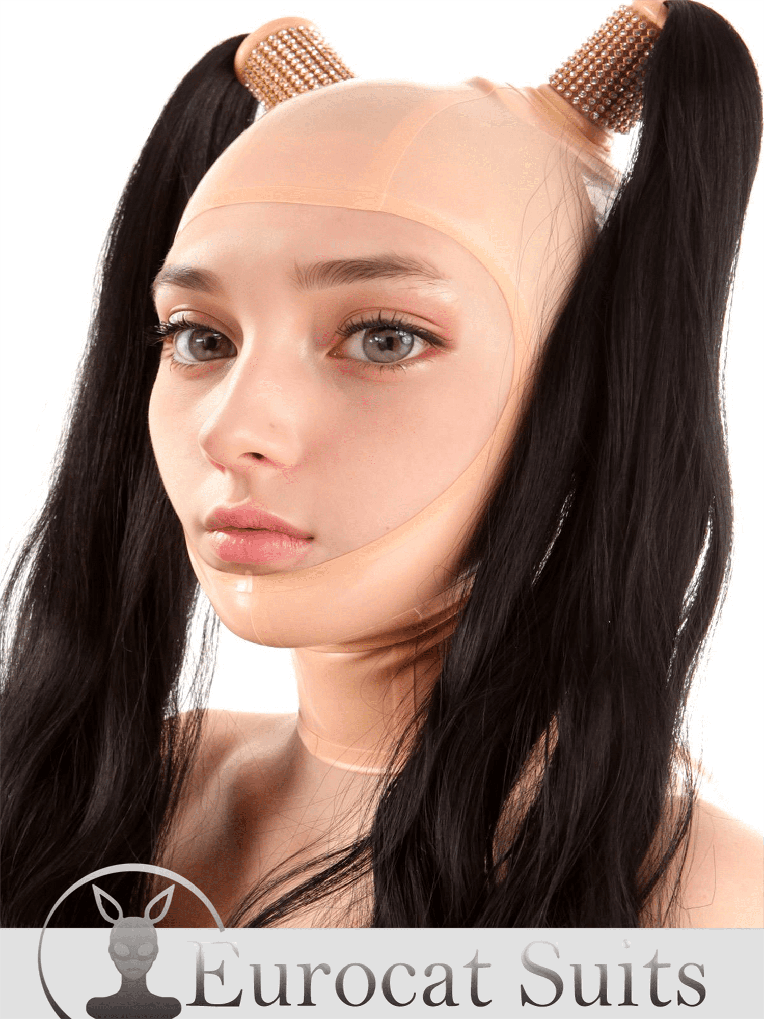 EUROCAT SUITS Adult Full Cover Latex mask face open - for 2 hairpieces Face Mask Hooded Catsuit ...