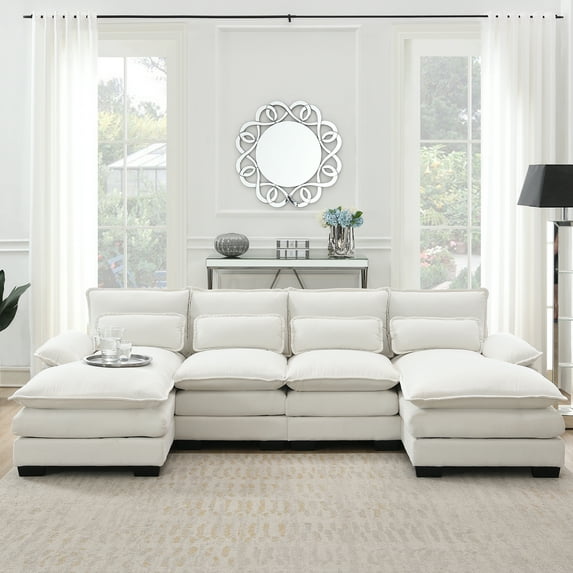 EUROCO 6-Seat U-shaped Sectional, Double Chaise with Pillows, Chenille, White - Walmart.com