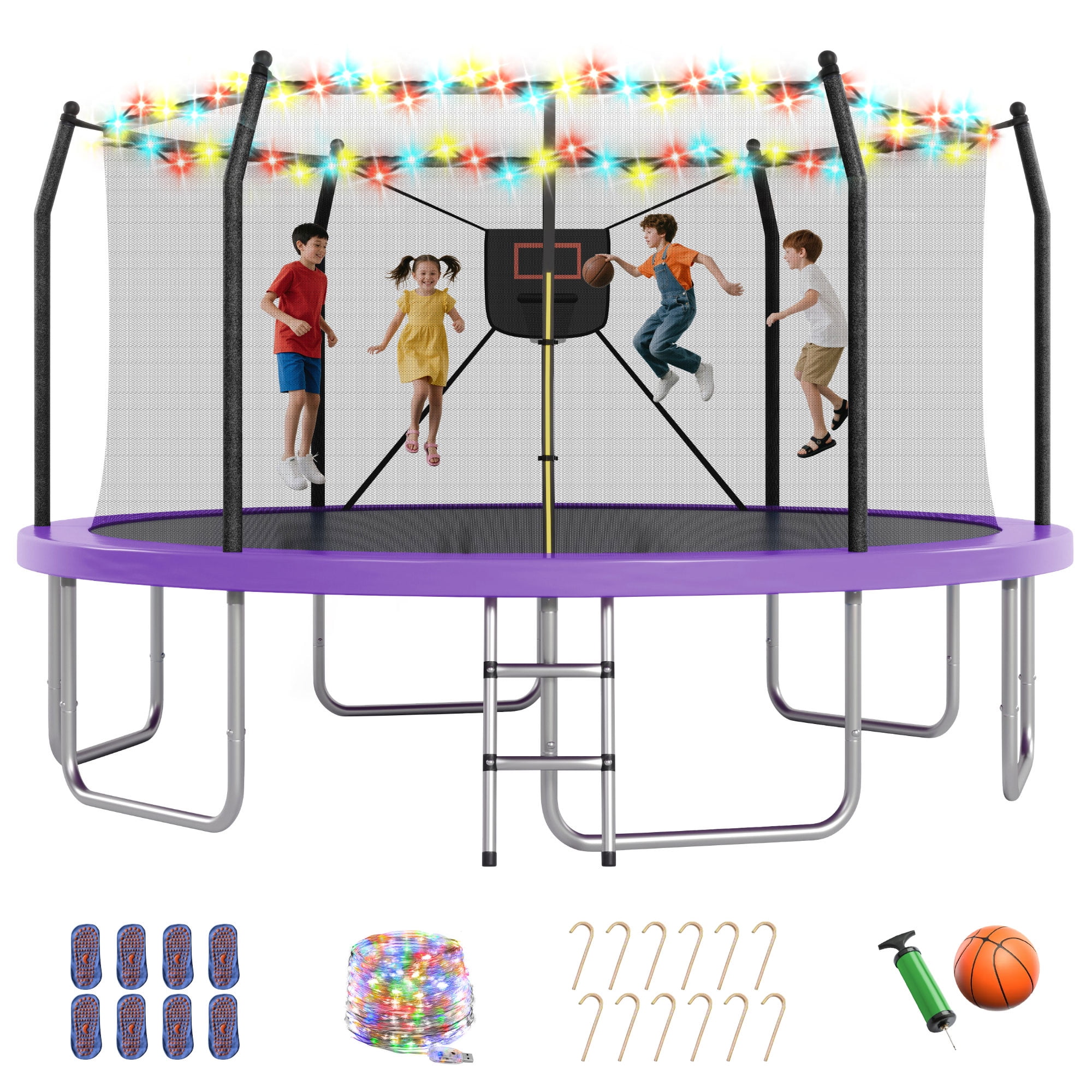 EUROCO 16FT Trampoline for Kids and Adults with Lights, Basketball Hoop ...
