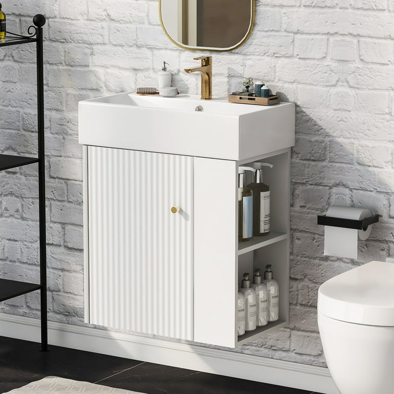 EUROCO 21.6 Bathroom Vanity with Sink Floating Bathroom Vanity Cabinet with Ceramic Basin Perfect for Small Bathrooms Right side storage White Walmart
