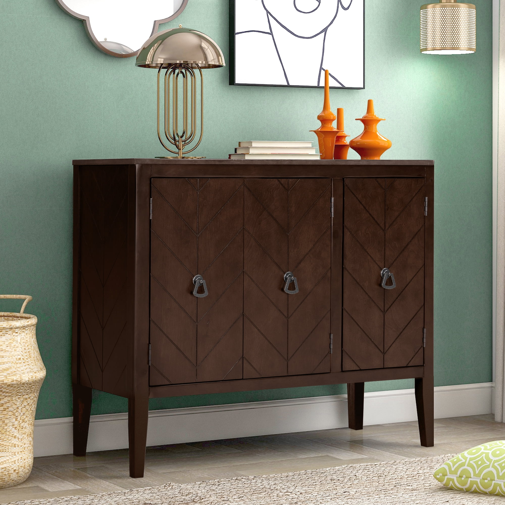 EUROCO 37" Retro Strip Accent Cabinet, Solid Wood Pine Sideboard ...