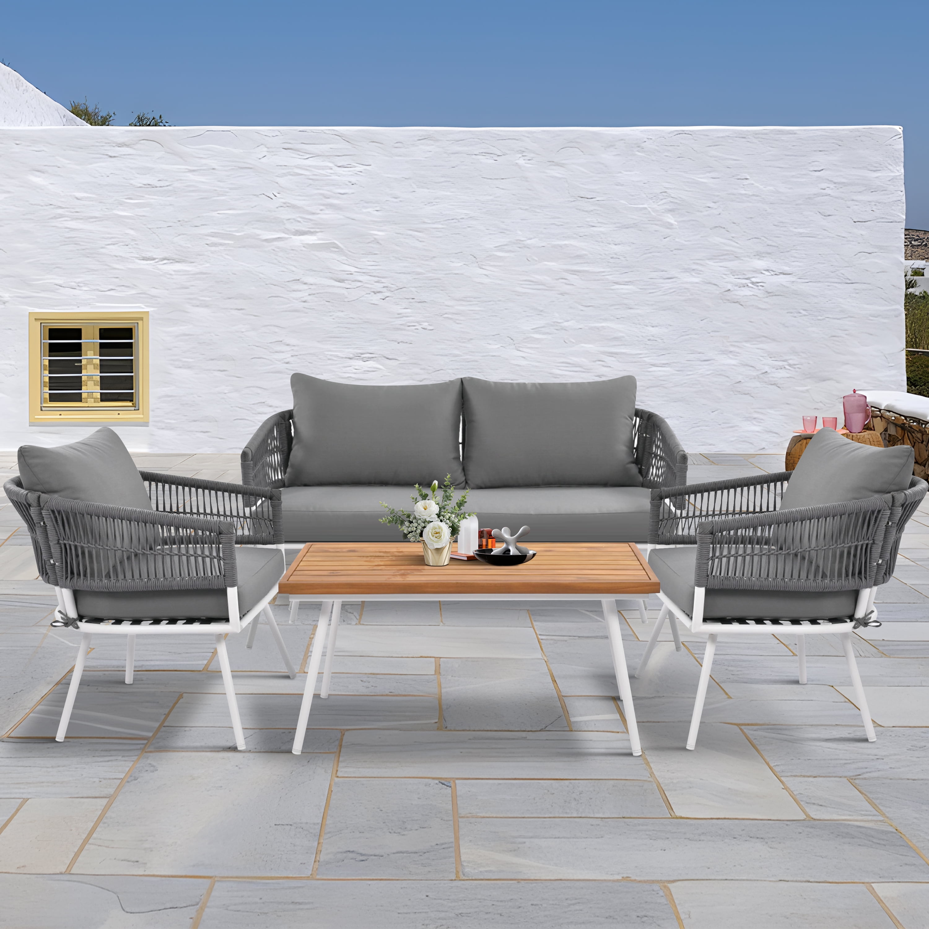 EUROCO 4 Piece Modern Rope Patio Conversation Sets, 1000LBS Outdoor ...