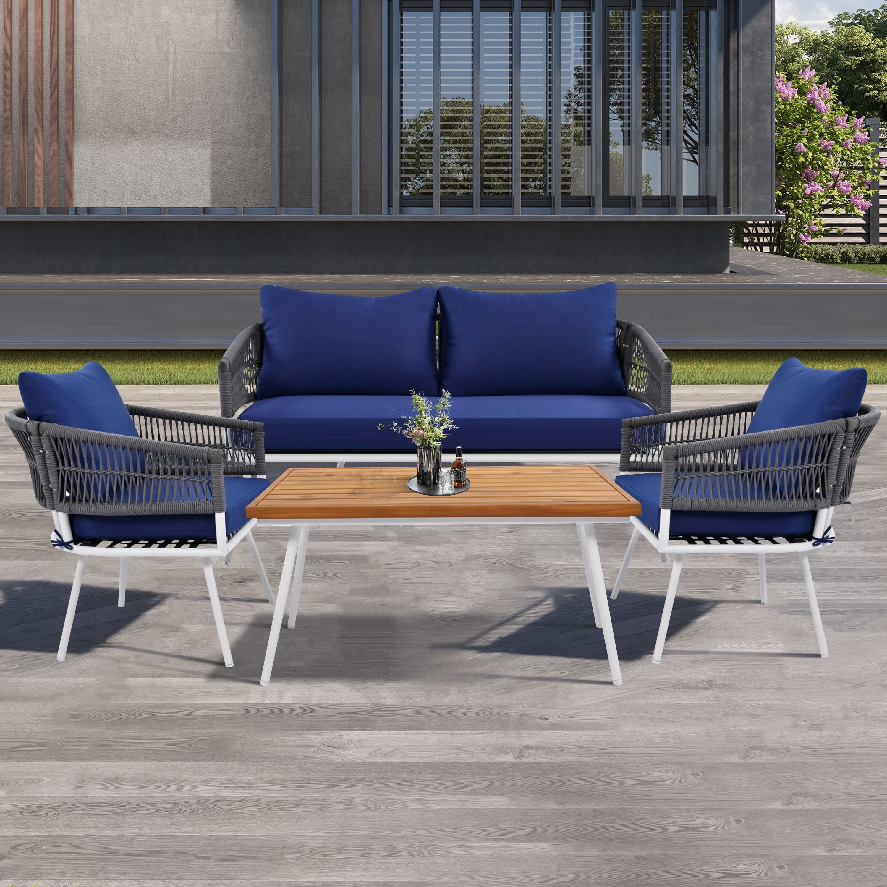 EUROCO 4 Piece Modern Rope Patio Conversation Sets, 1000LBS Outdoor ...