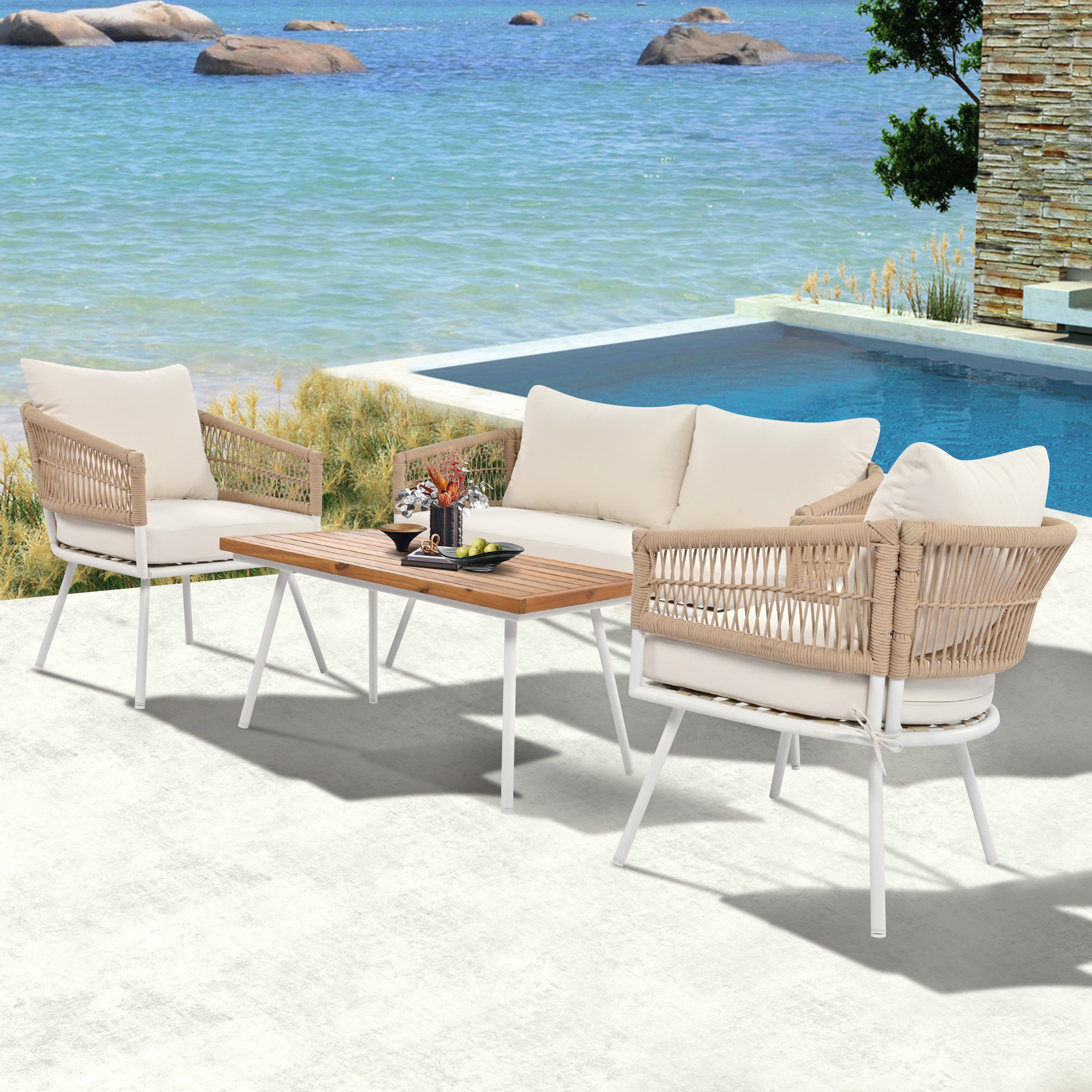 EUROCO 4 PieceModern Rope Patio Conversation Sets, 1000LBS Outdoor ...