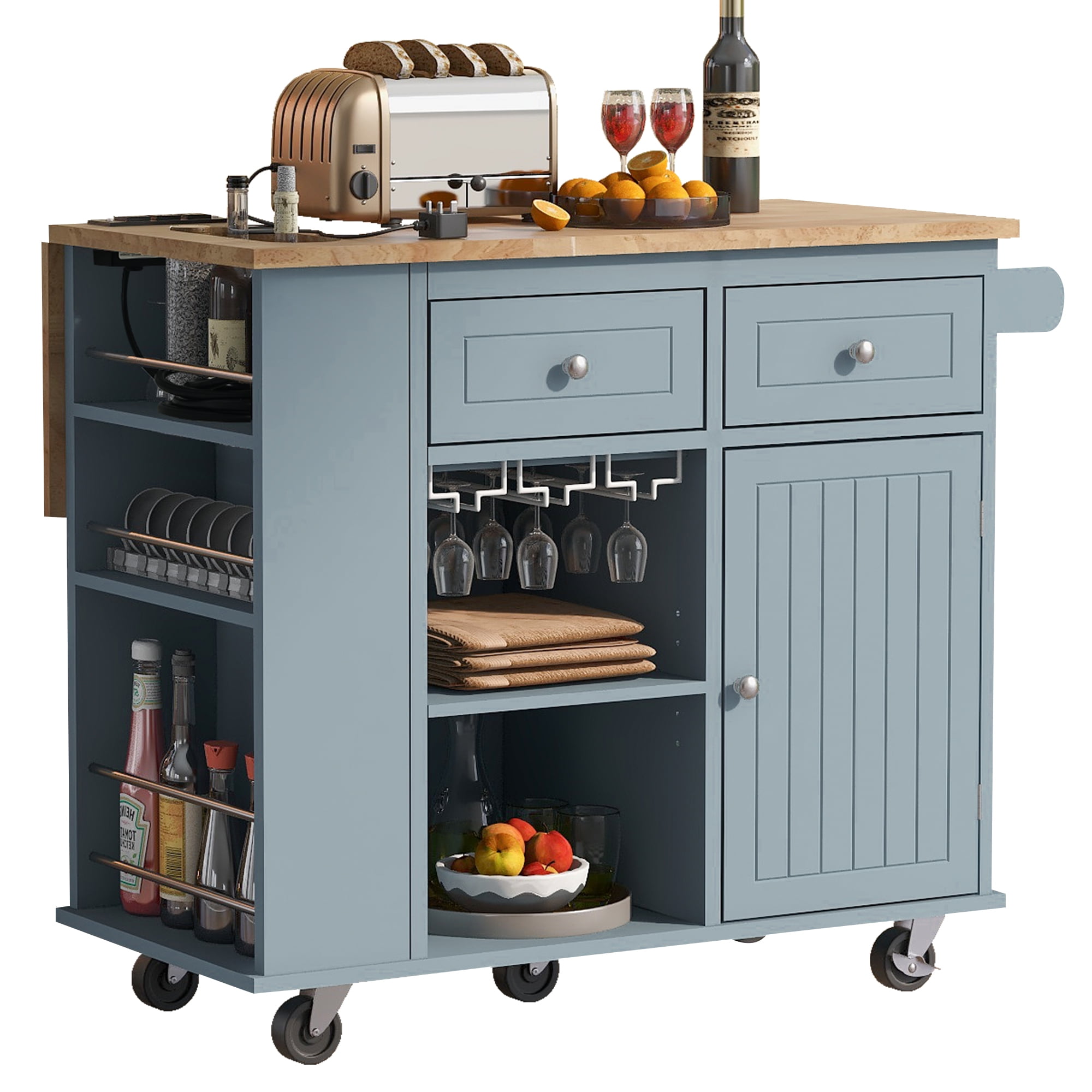 "EUROCO 40"" Portable Kitchen Island Cart with Power Outlet, Drop Leaf ...