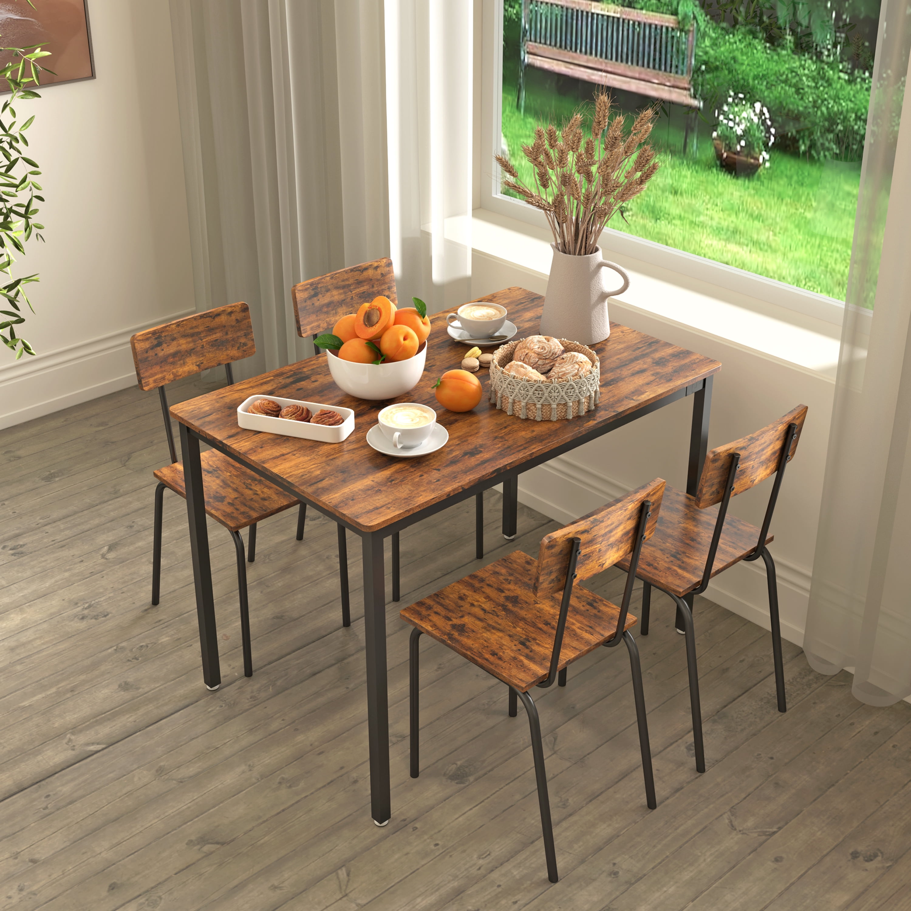 Euroco 43.31 inch Wood Dining Table Set Dining Room Table Set with 4 Ergonomic Design Backrest Chairs Adjustable Foot Pads Industrial Style