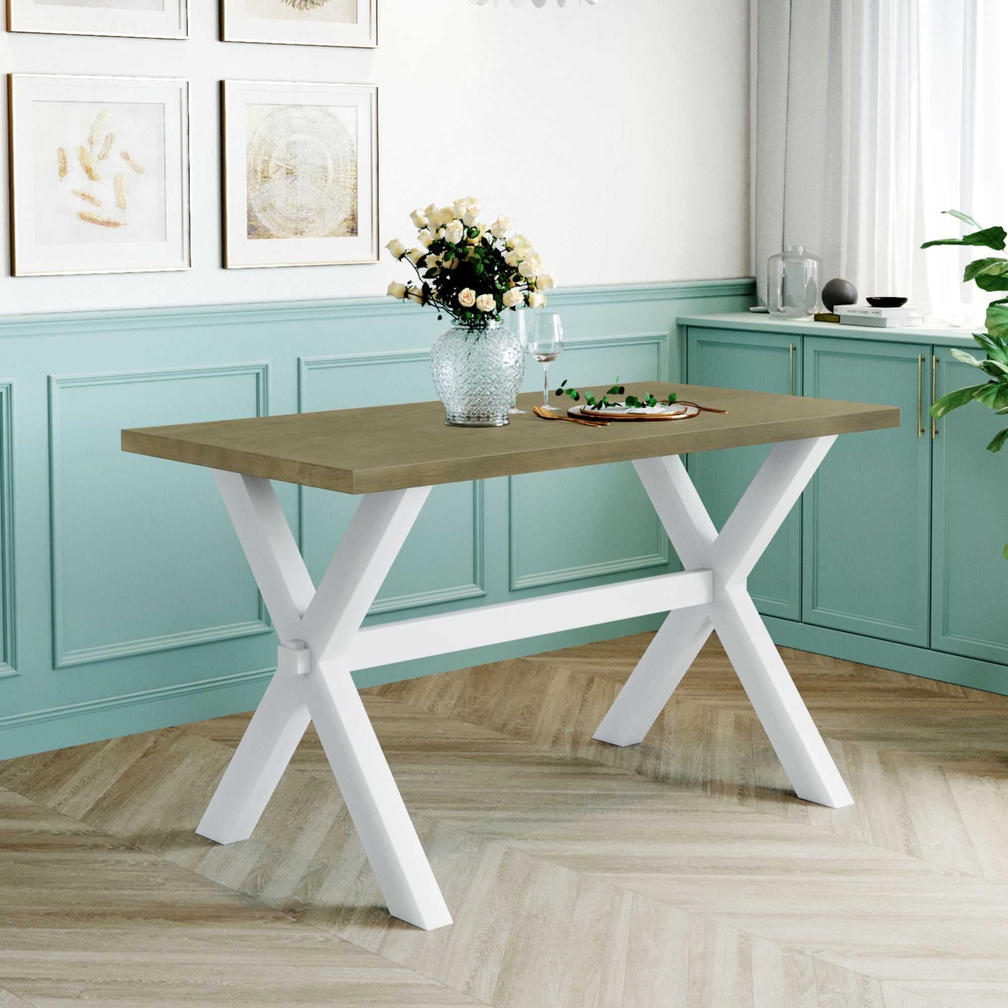 "EUROCO White Simple Wooden Dinner Home Table, 45.5"" Solid Wood with X ...