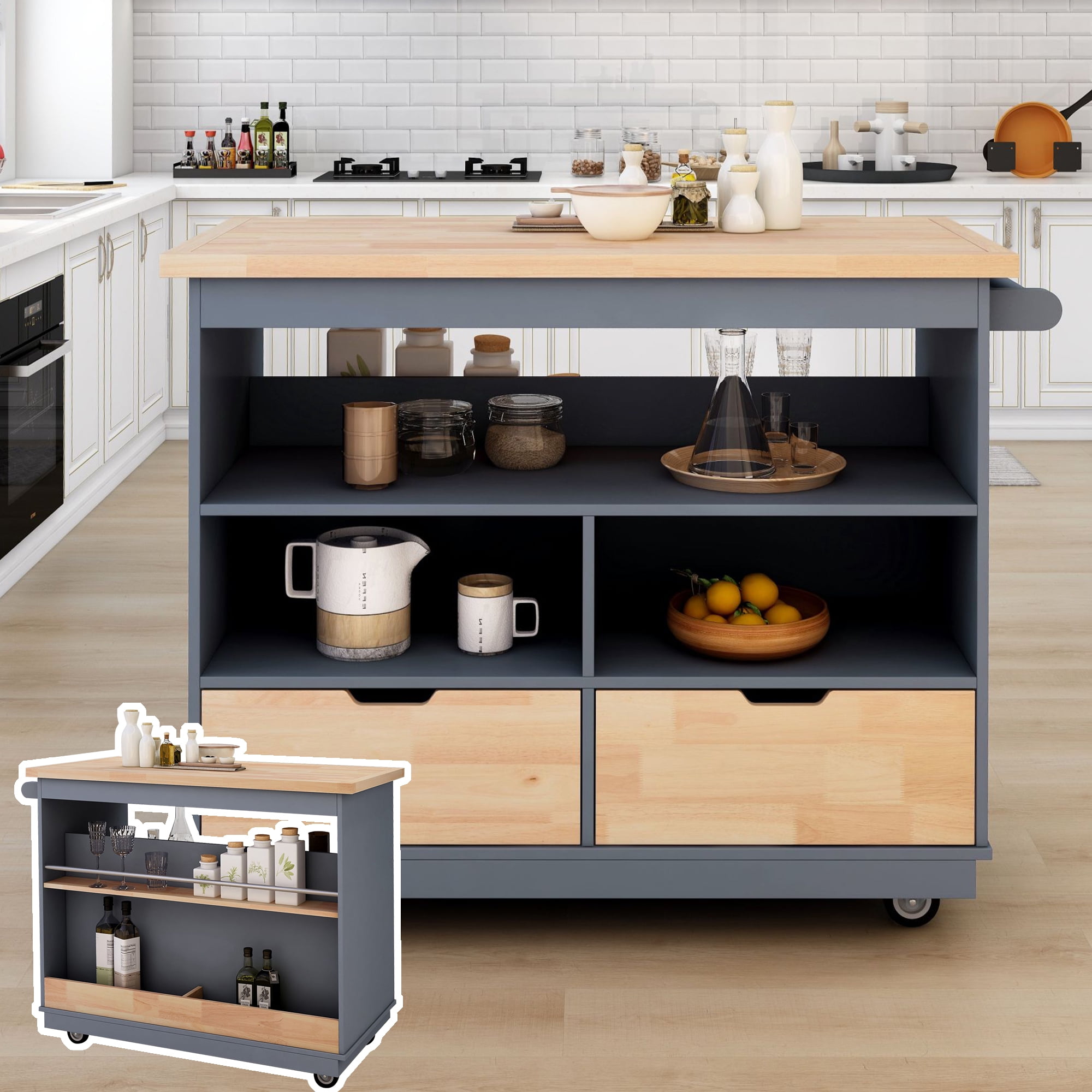 EUROCO 46 Kitchen Islands Cart - 2 Drawers, Rubber Wood Top - Walmart.com
