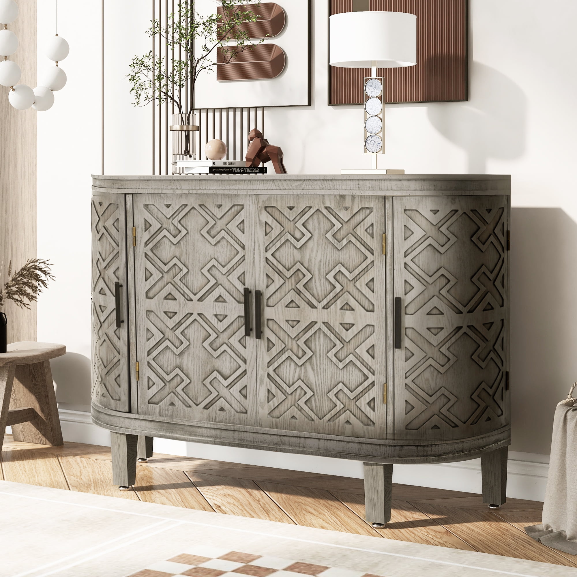 EUROCO 47.2" Retro Sideboard Cabinet, Curved Buffet Cabinet with 4 ...