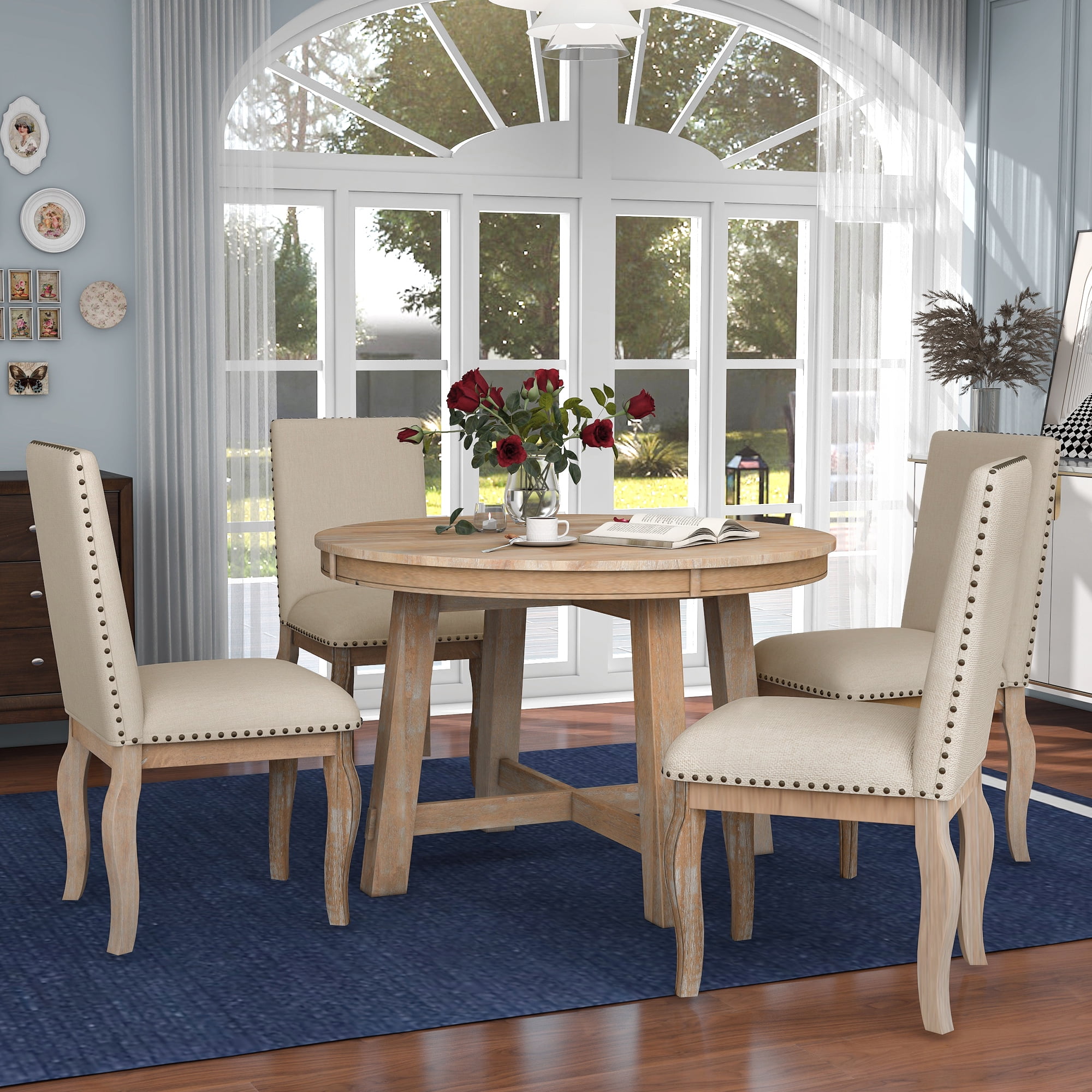 EUROCO 5-Piece Farmhouse Dining Table Set,Extendable Round Kitchen ...