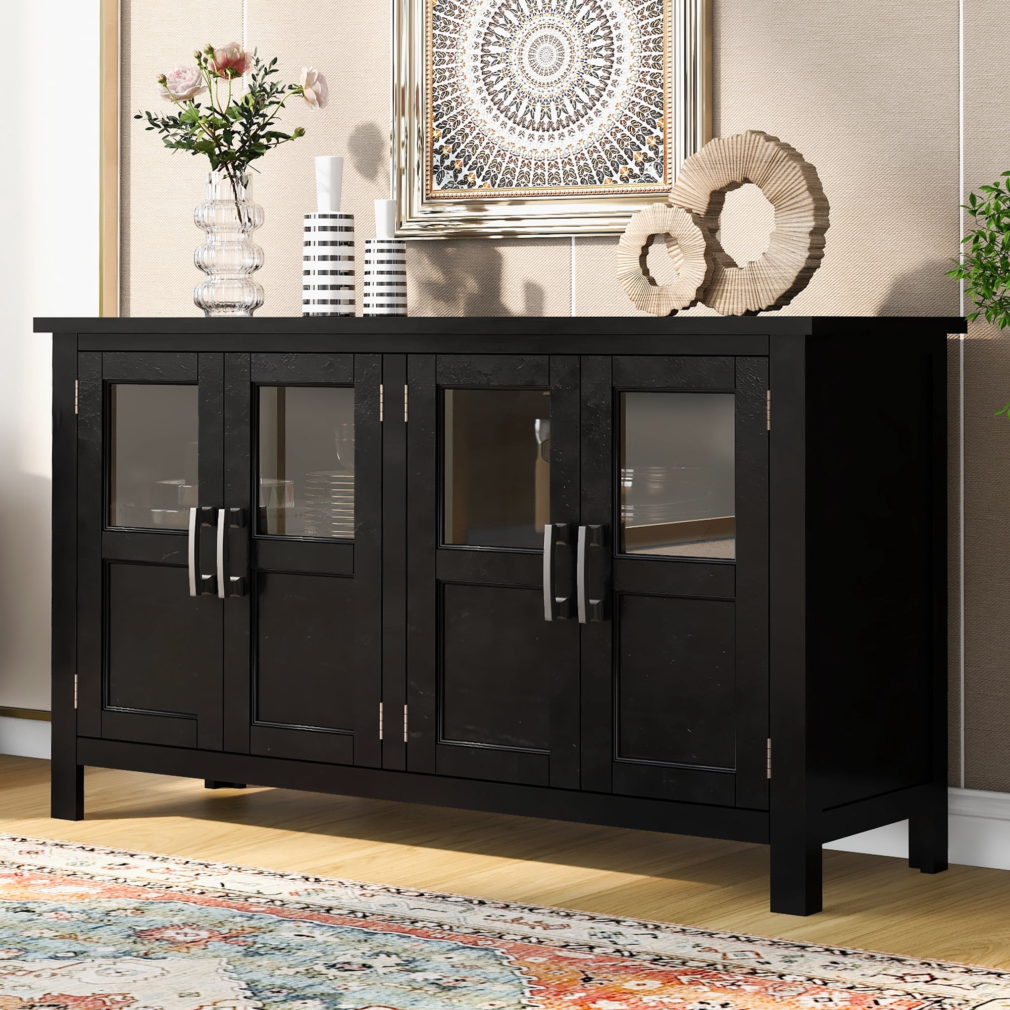 EUROCO 51'' Sideboard Cabinet, Acacia Solid Wood Buffet Cabinet with 4 ...