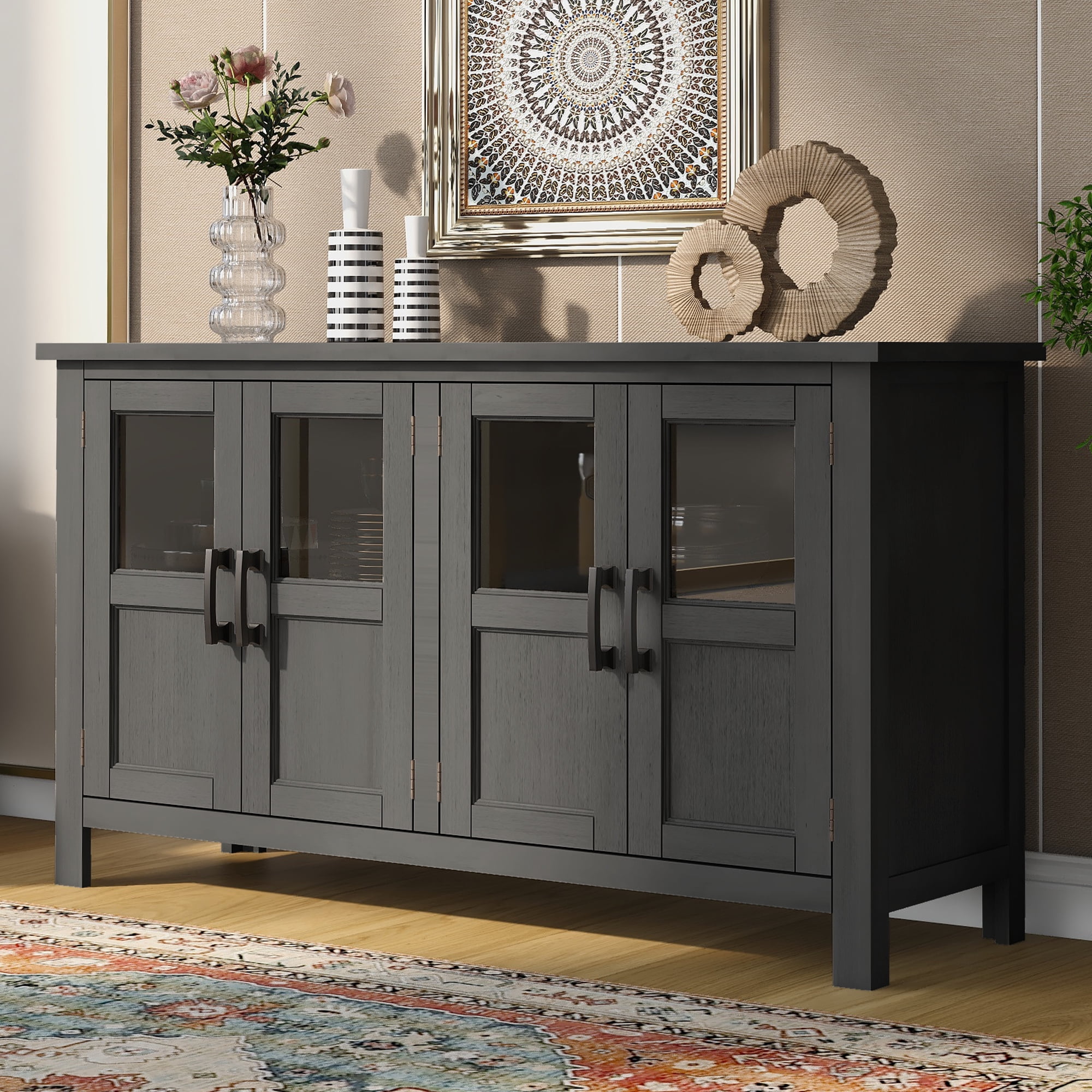 EUROCO 51'' Sideboard Cabinet, Acacia Solid Wood Buffet Cabinet with 4 ...