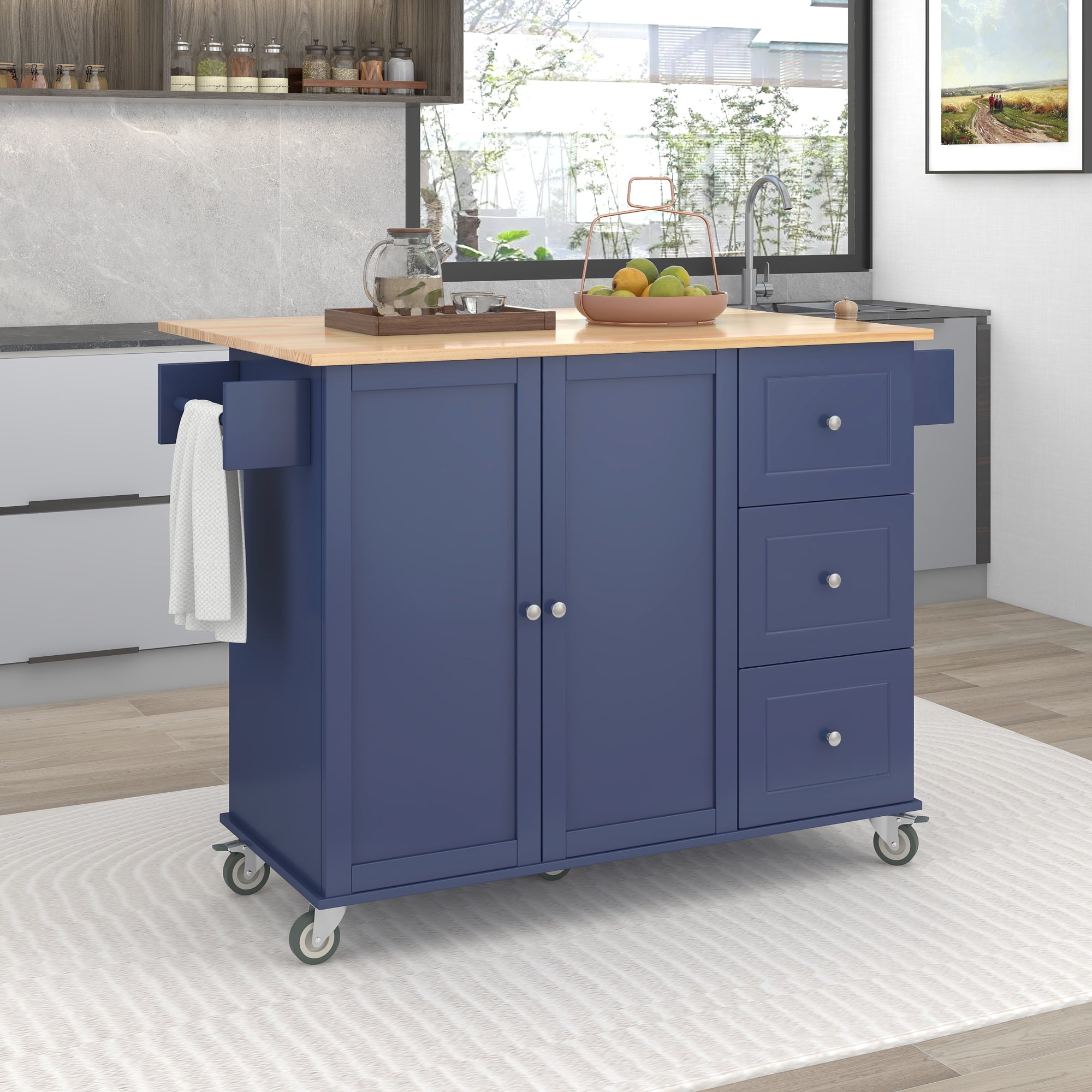 EUROCO 52.7" Kitchen islands with Storage on Wheels,Solid Wood Kitchen ...