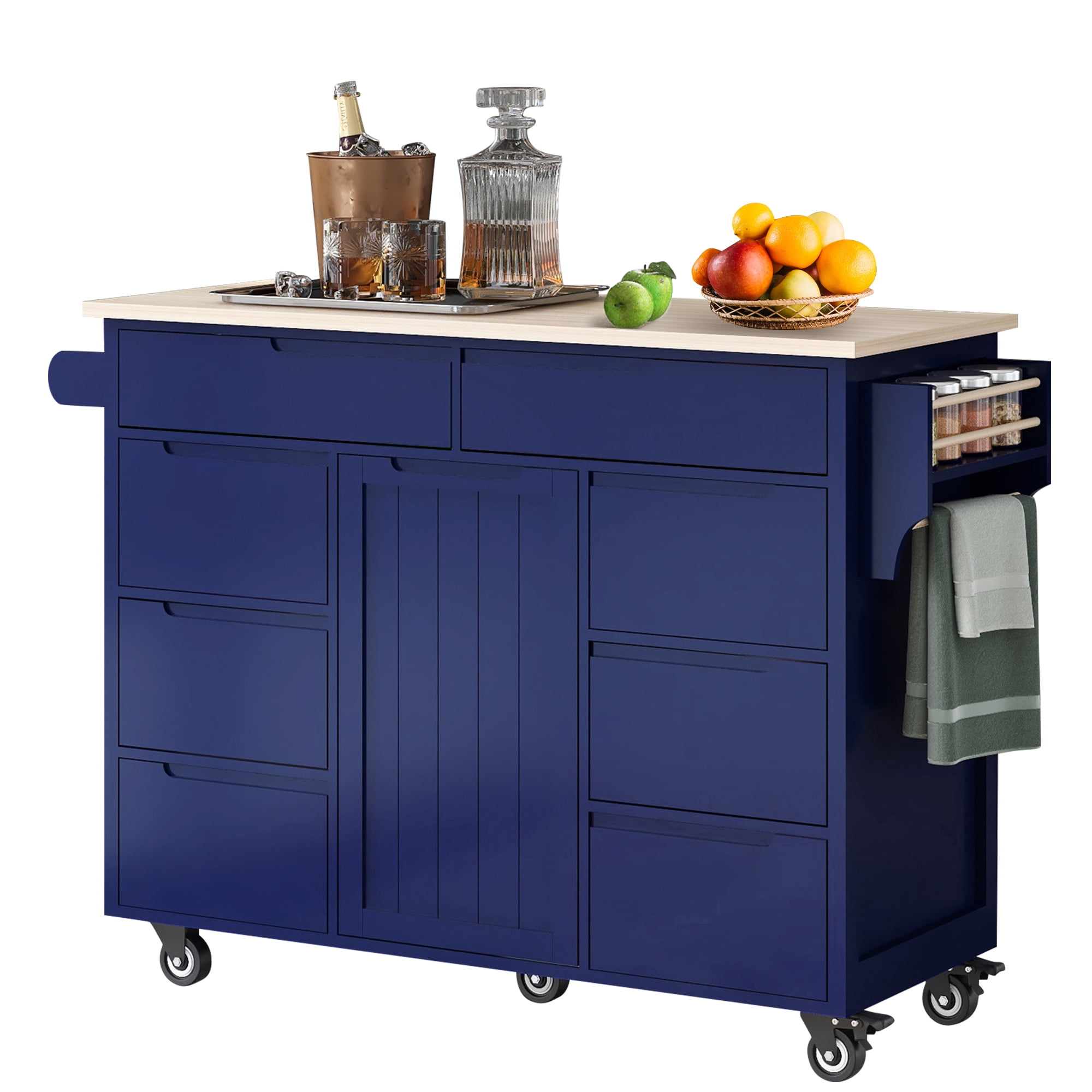 "EUROCO Movable Kitchen Island, 53.1"" with Storage, 8 Drawers ...