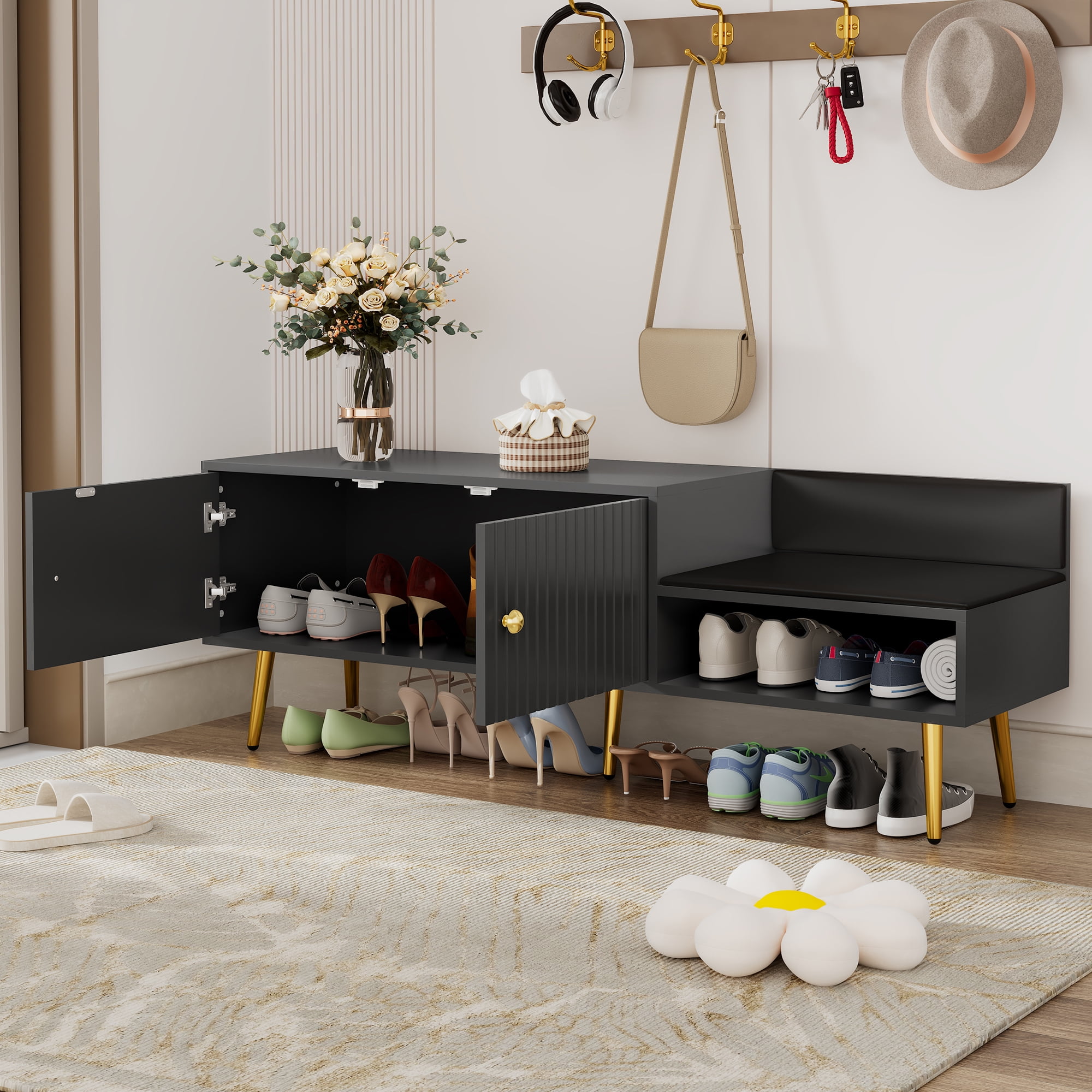 Euroco 54.3in Entry Storage Bench with Cushion, 2 Doors, Hidden Storage ...