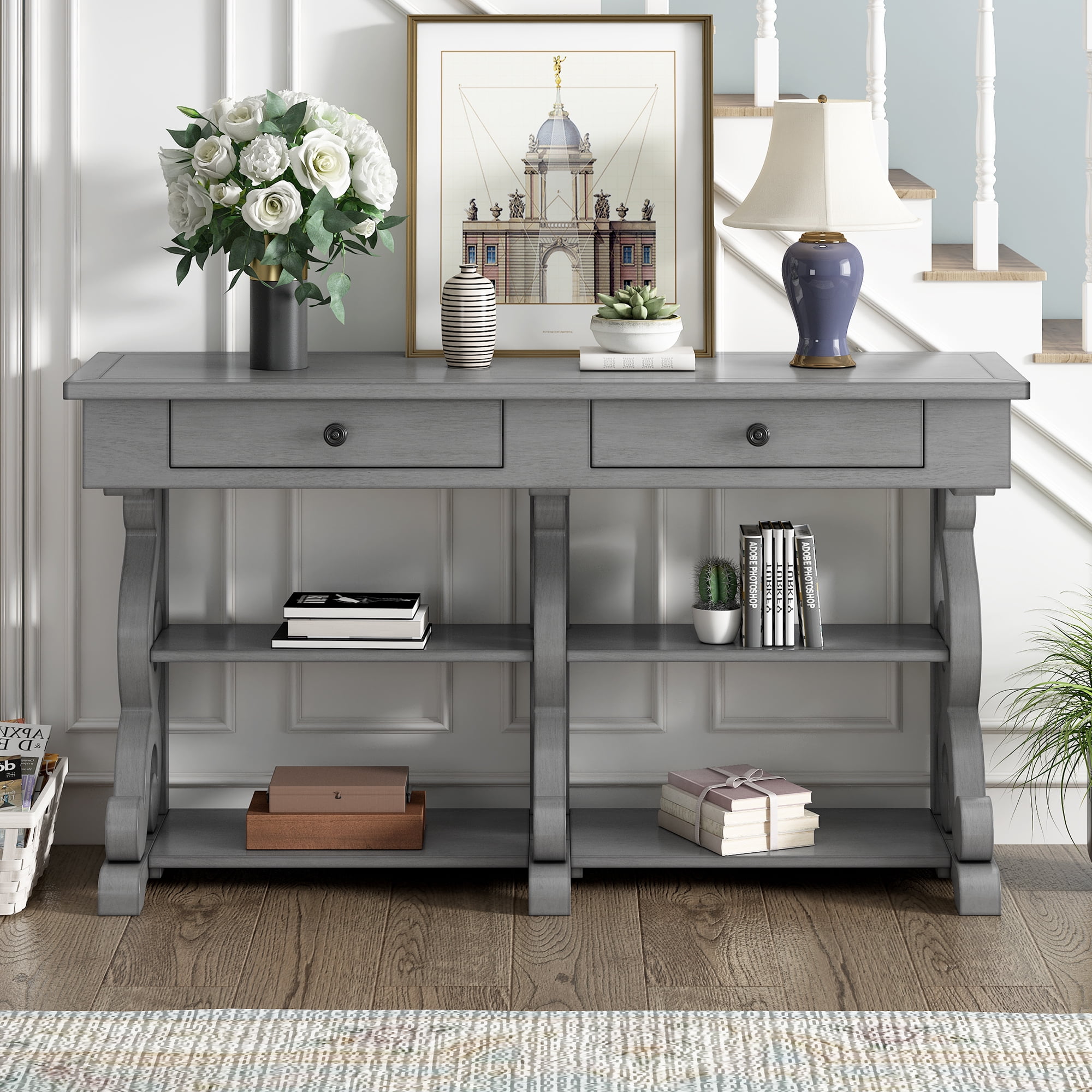 EUROCO 54" Retro Console Table Sideboard, Solid Wood Sofa Table with ...