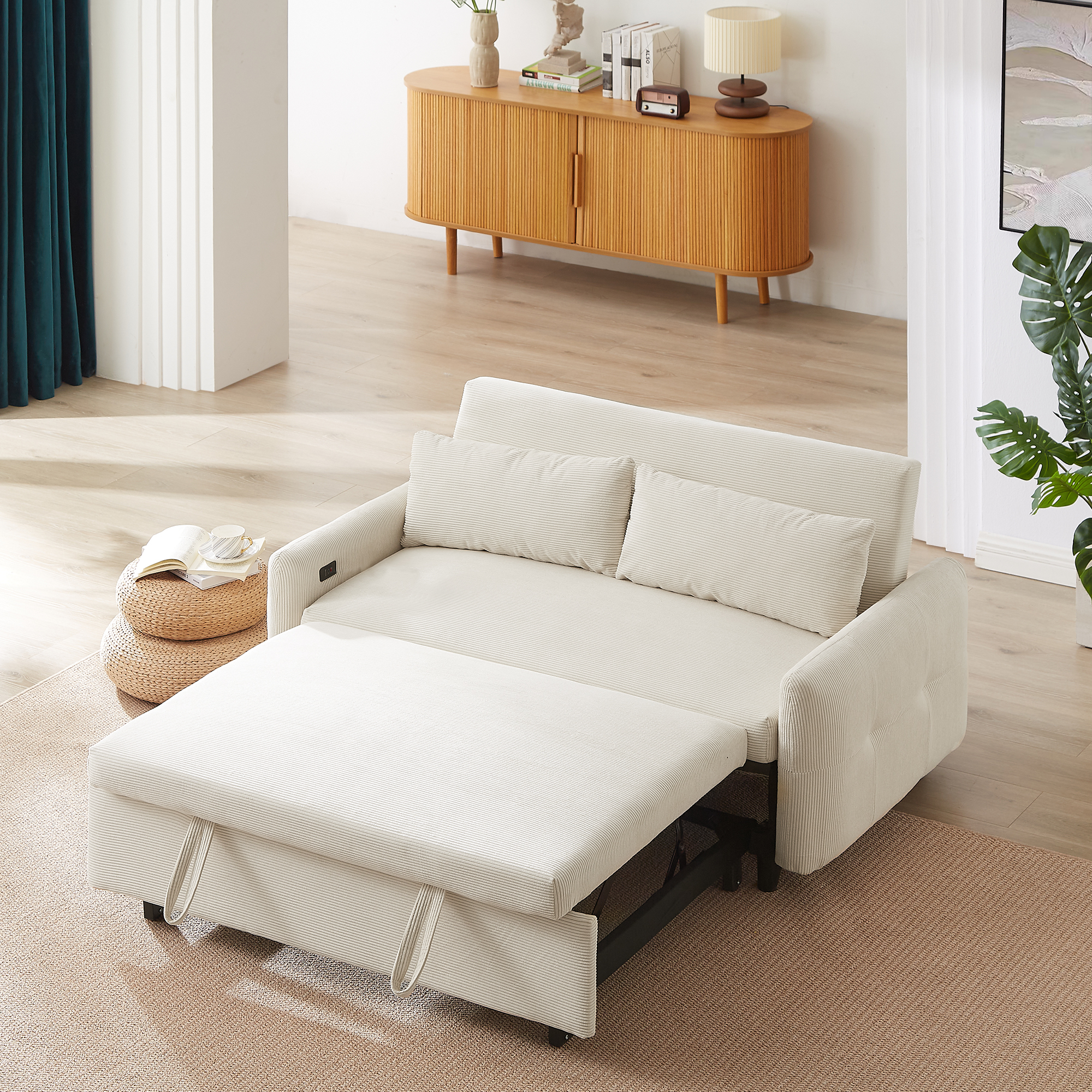Euroco Corduroy Convertible Pull Out Sofa with Throw Pillows, Beige ...