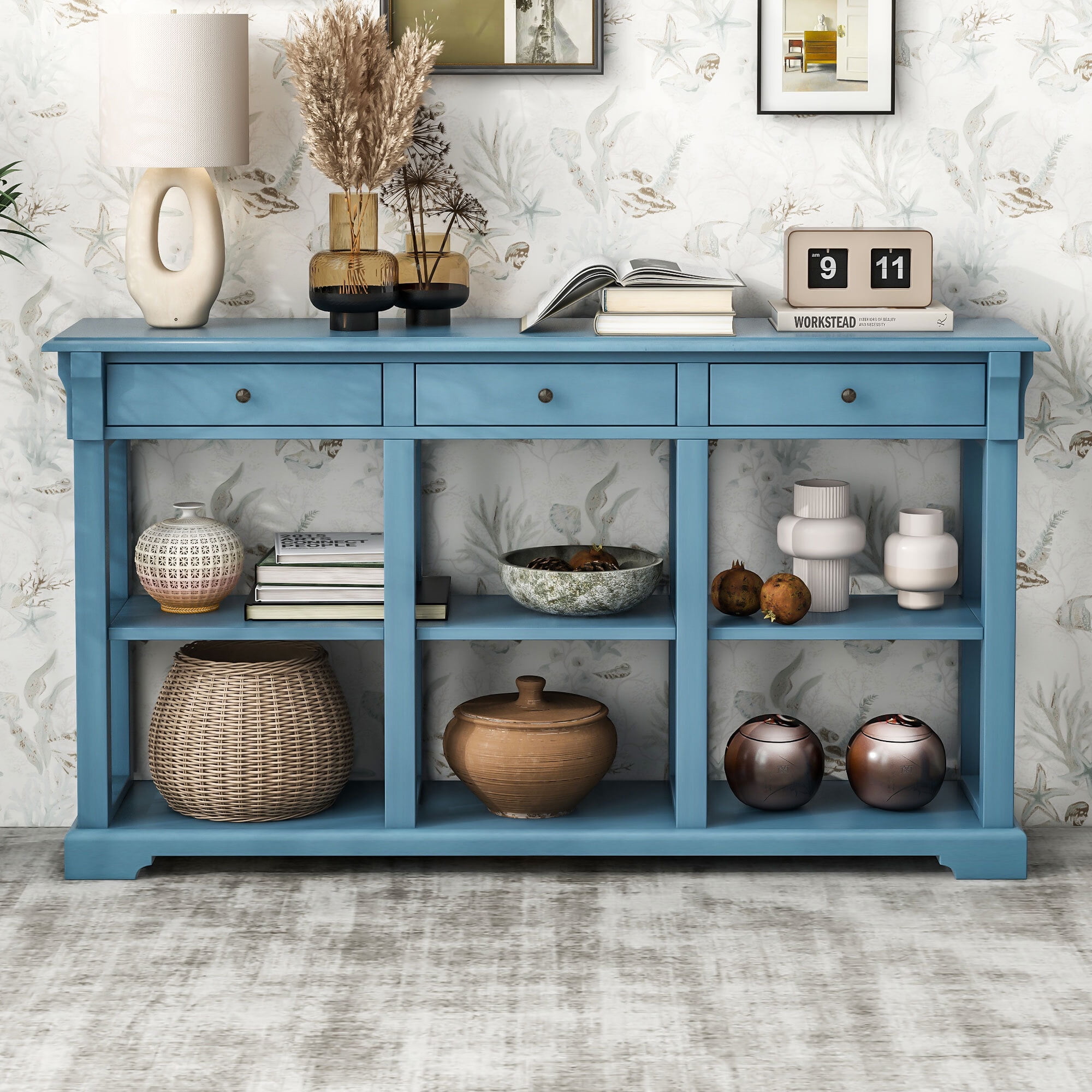 EUROCO 58" Retro Console Table Sideboard, Solid Wood Sofa Table with ...