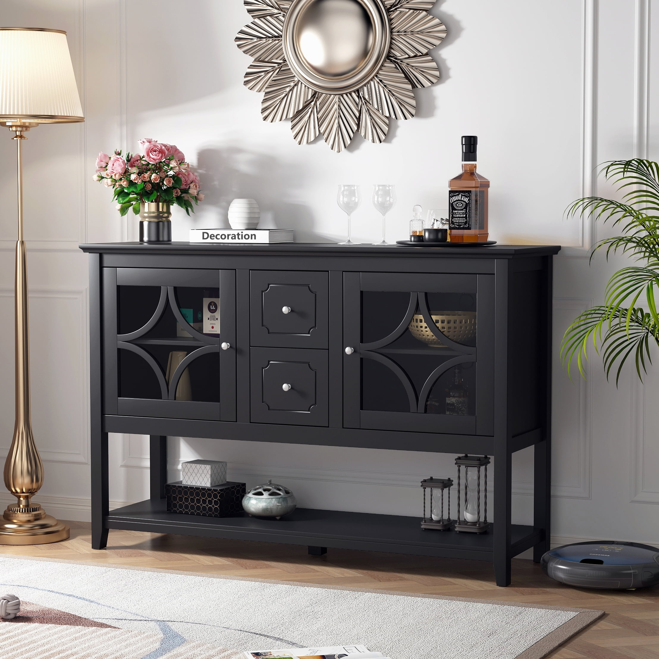 EUROCO Buffet Cabinet with Curved Corner Design, Wavy Door Panel and ...