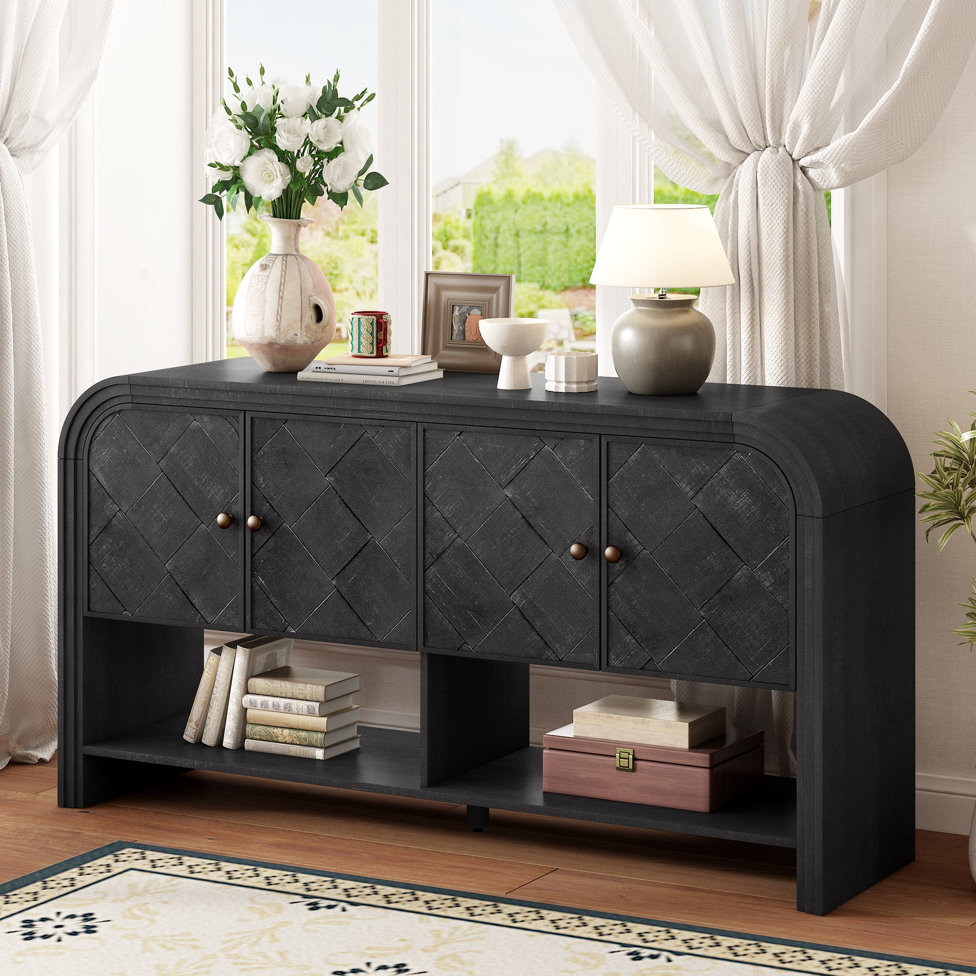 EUROCO 59.8" Long Console Table,Wood Entryway Table with 4 Doors and ...