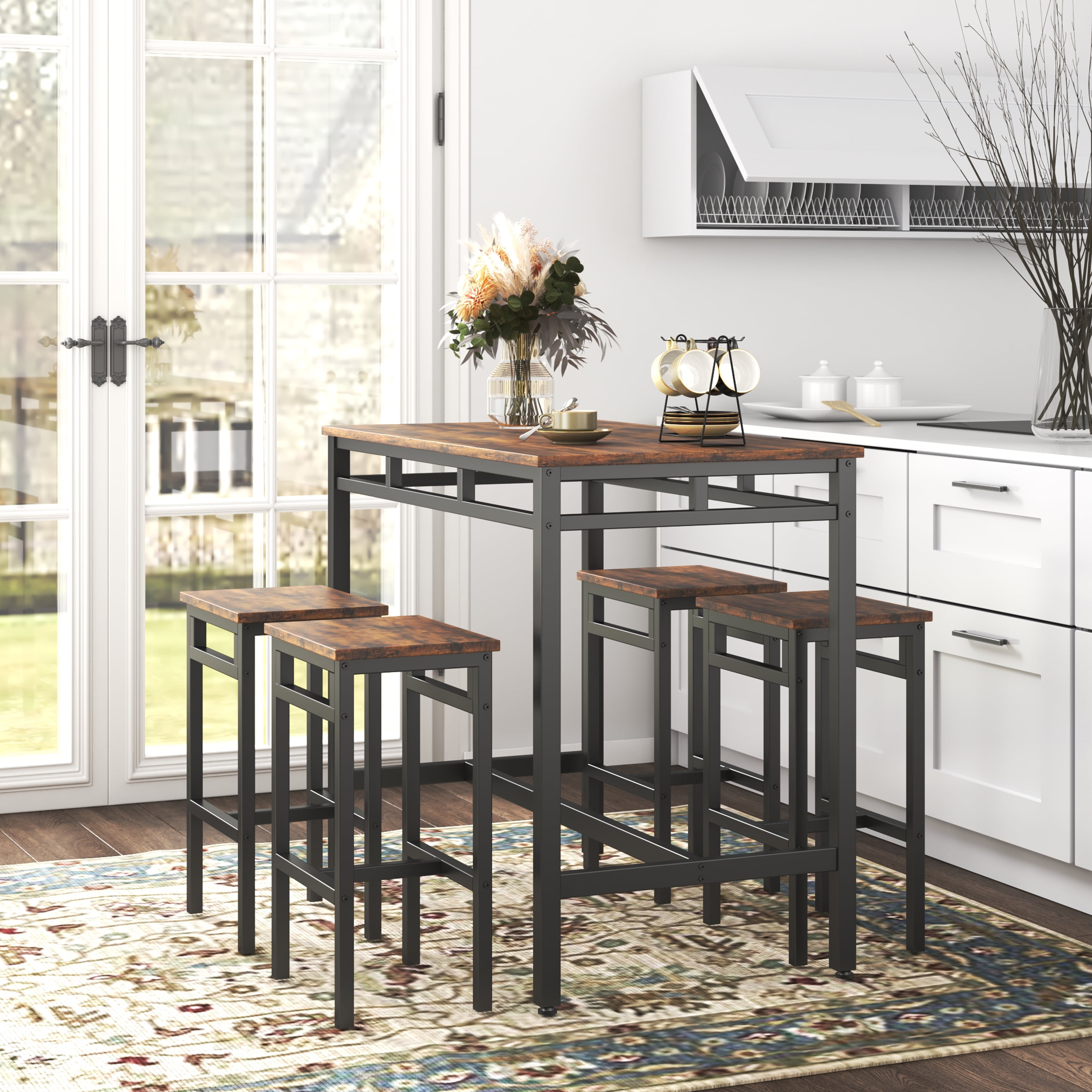 EUROCO 5PC Bar Table Set, Kitchen Counter Height Table with 4 Stools ...
