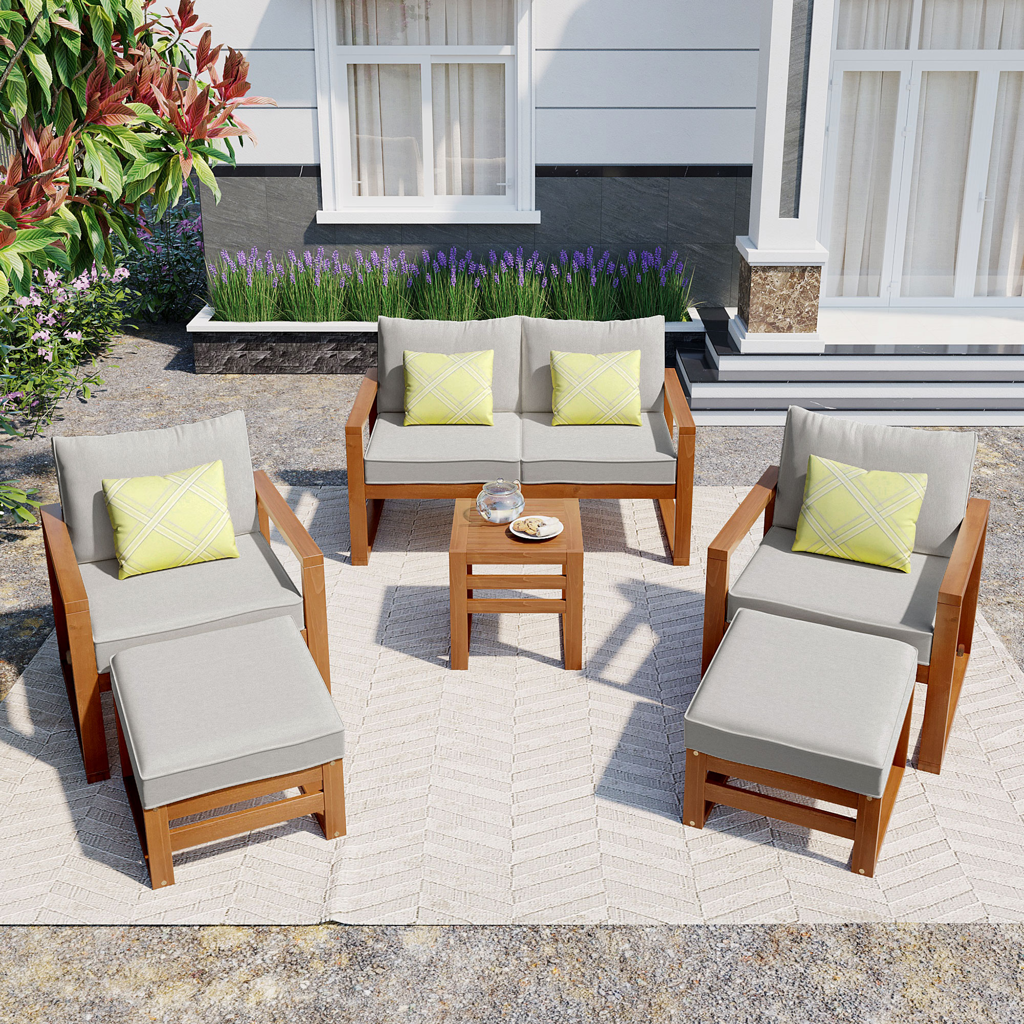 EUROCO 6-Piece Wood Outdoor Patio Conversation Set,Sectional Garden ...