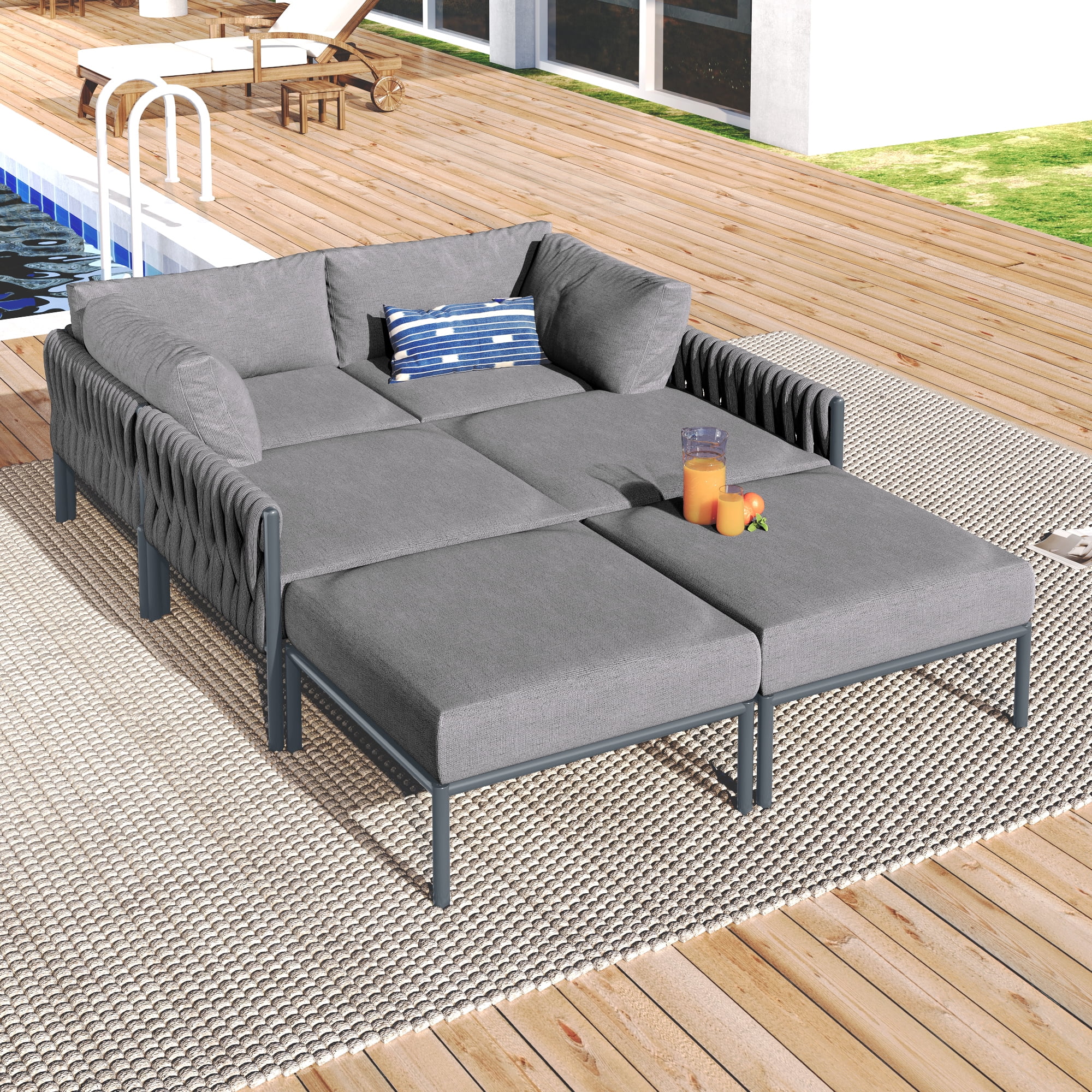 EUROCO 6-Pieces Modern Aluminum Patio Sectional Sofa Set, Metal Outdoor ...