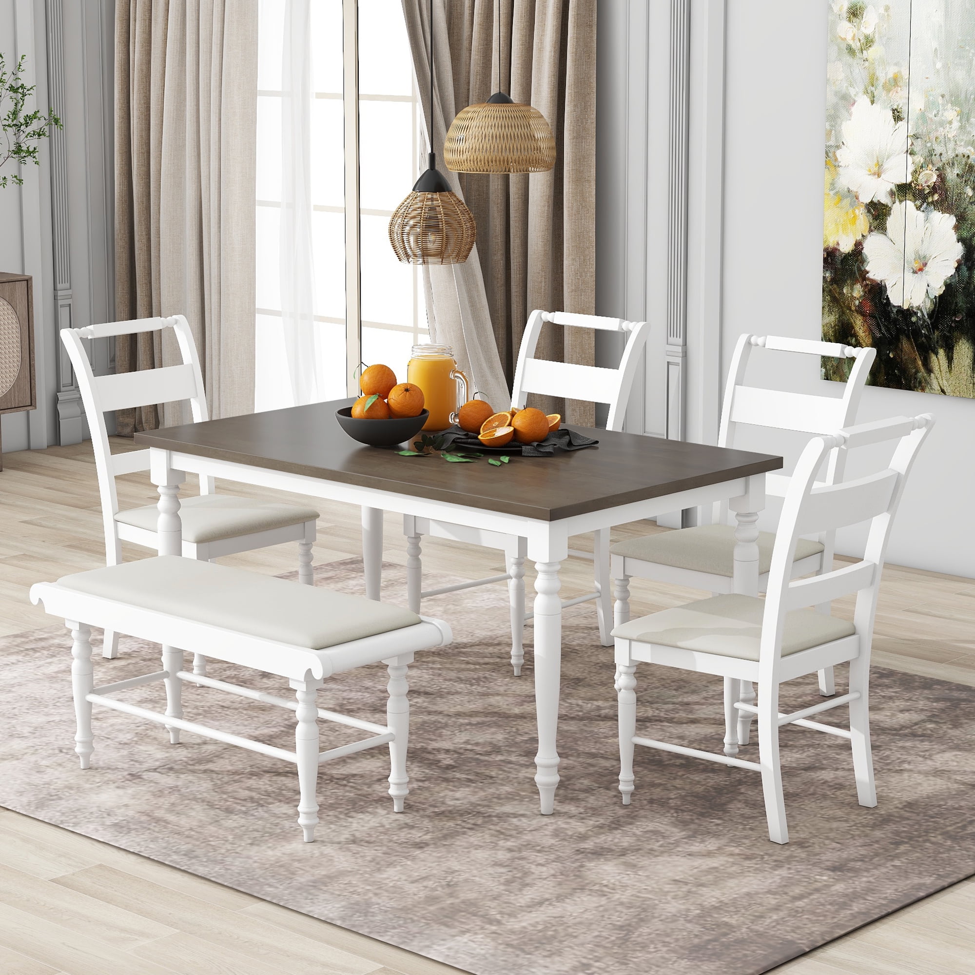 EUROCO 60" 6PCS Solid Wood Dining Table Set for 6,Dining Room Table Set ...