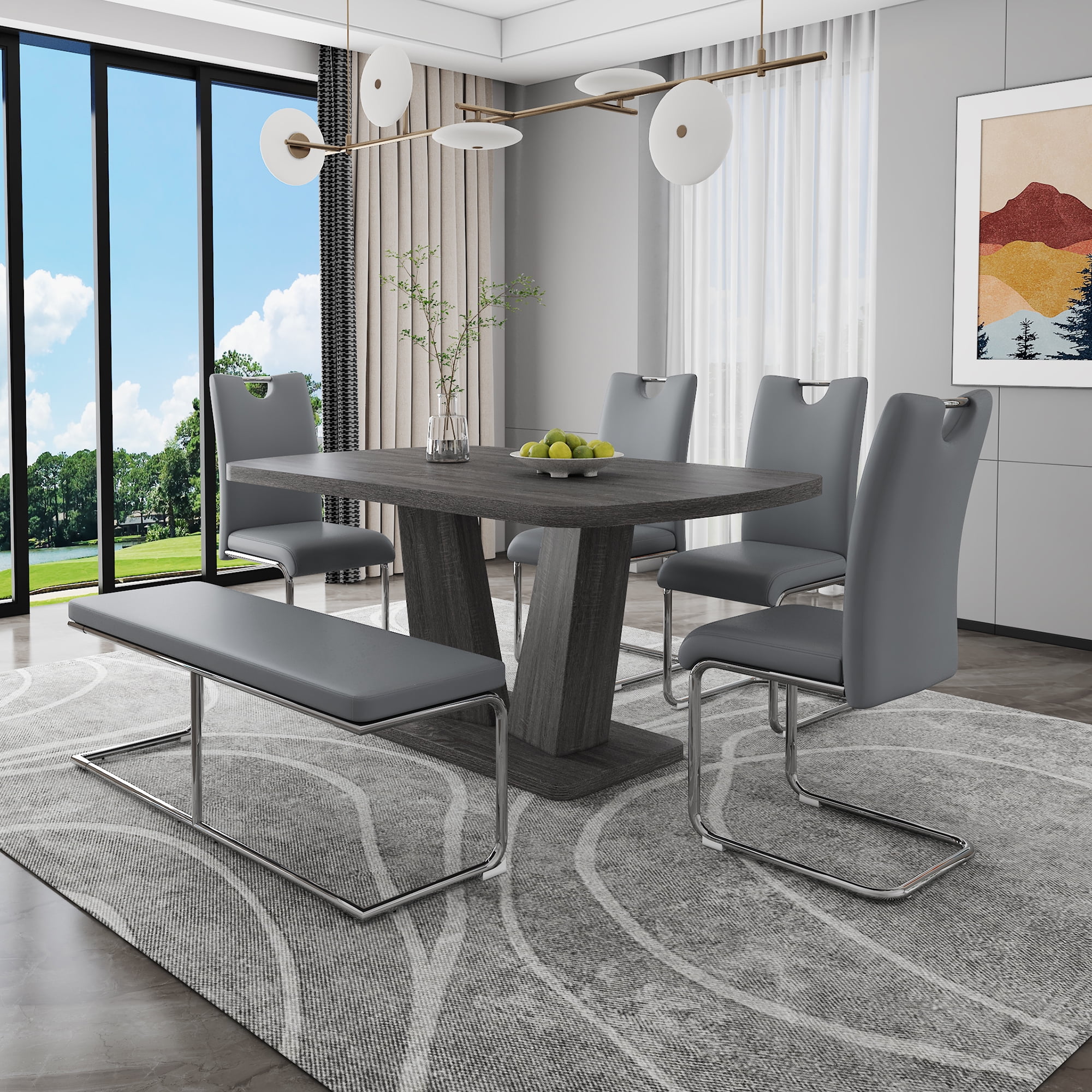 EUROCO 63" 6PCS Dining Table Set for 6,Kitchen Table Set with Faux ...