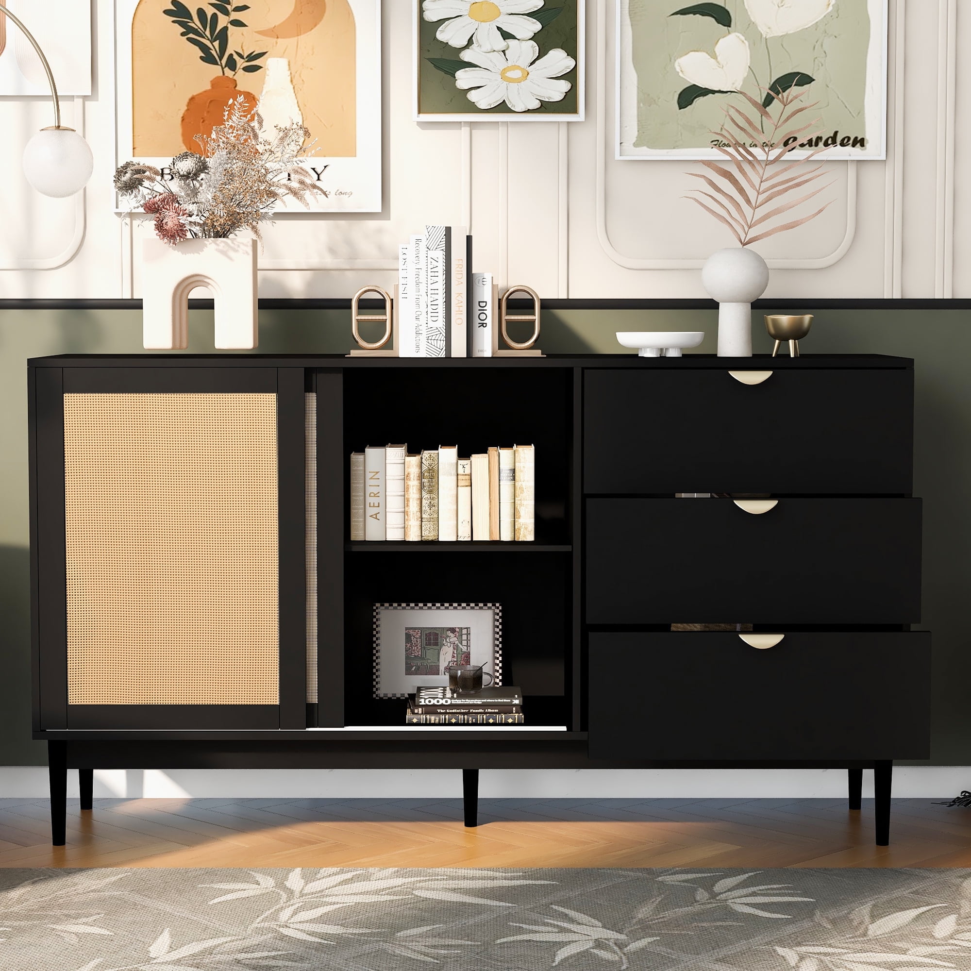 Free Shipping! Euroco 63 Inch Black Buffet Cabinet with Rattan Doors ...