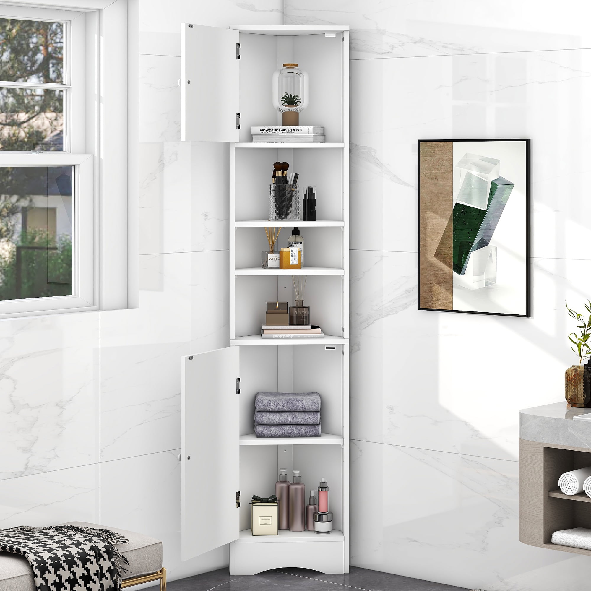 Euroco Tall Corner Bathroom Storage Cabinet with Adjustable Shelves ...