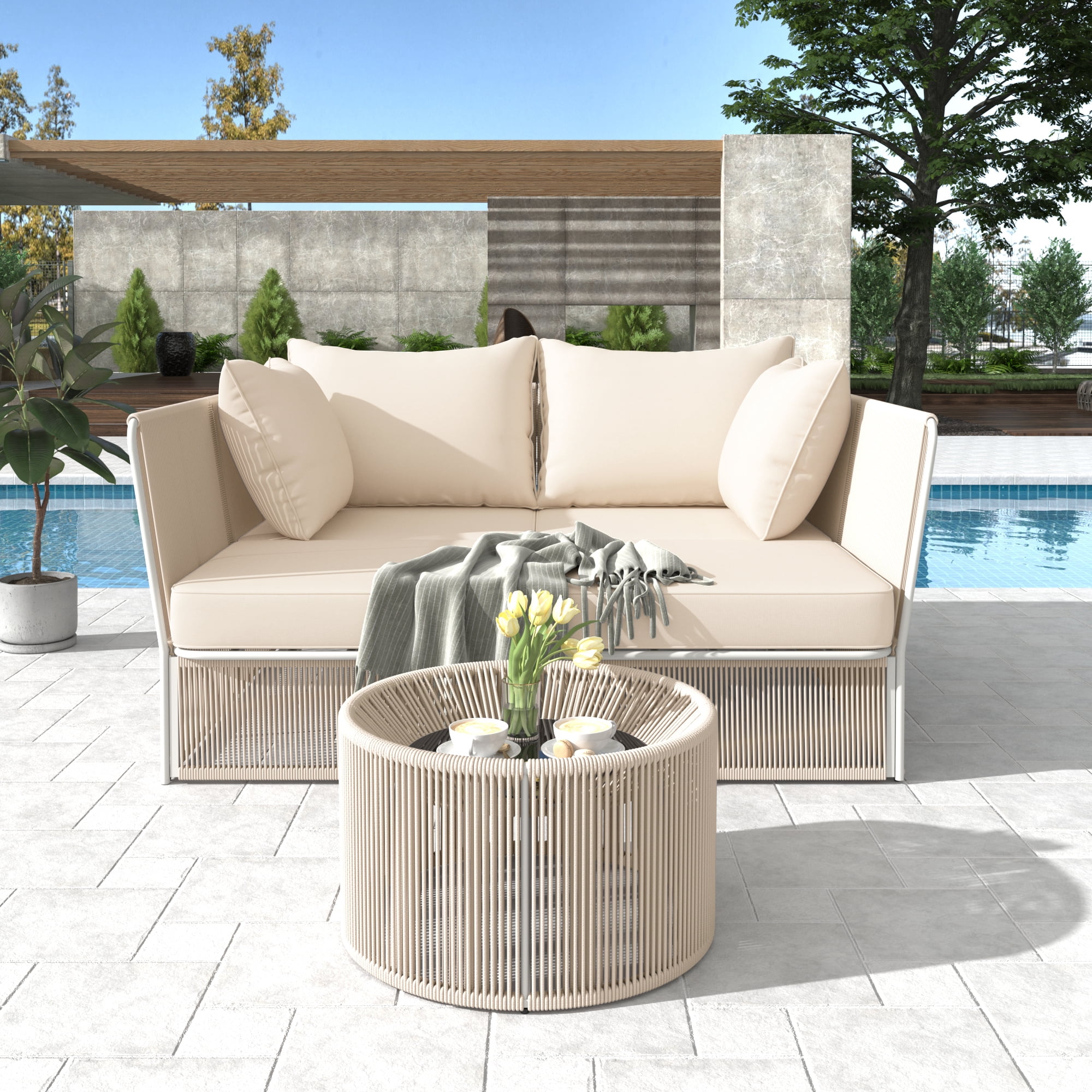 EUROCO 67" 650LBS 2-Piece Outdoor Sunbed and Coffee Table Set, Patio ...