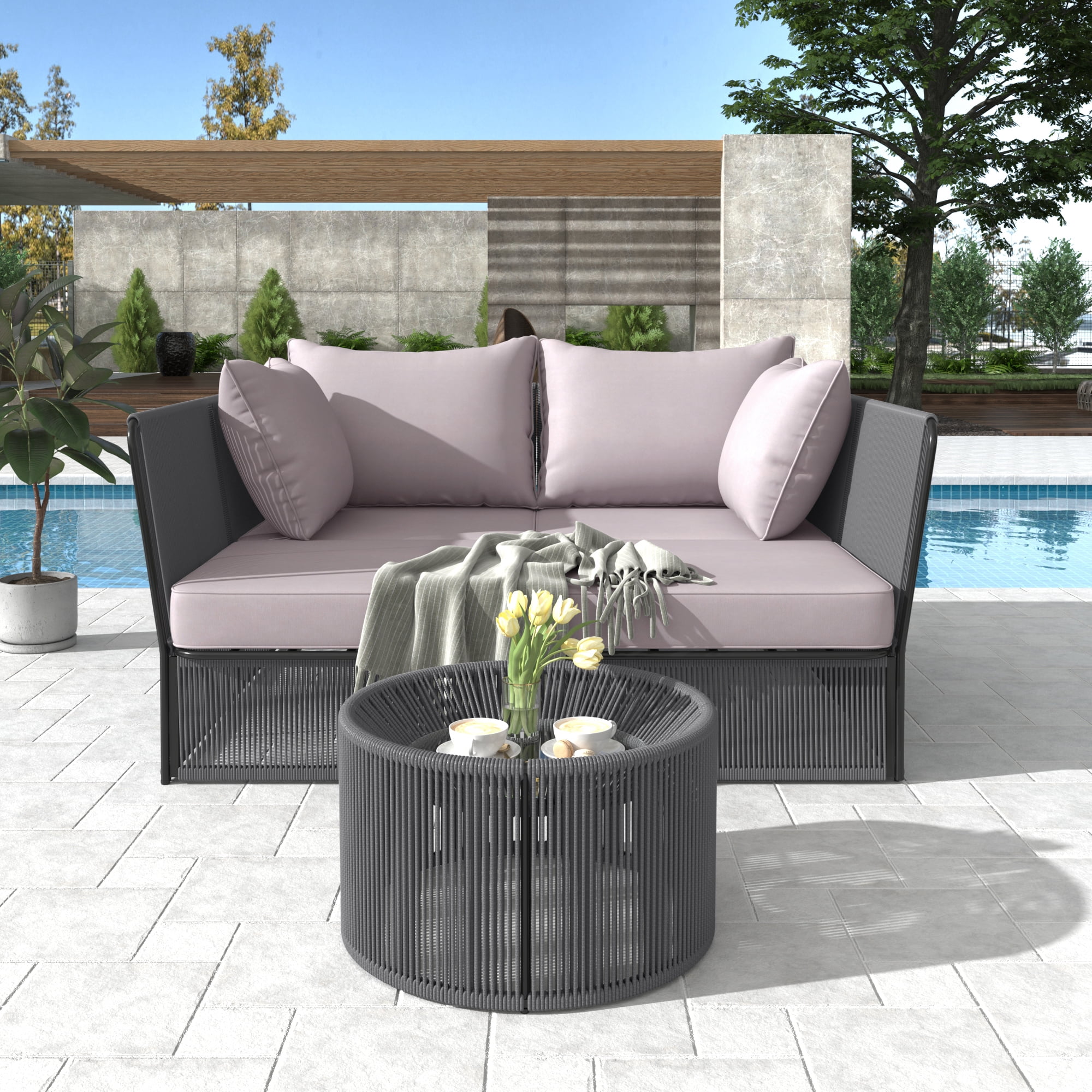 EUROCO 67" 650LBS 2-Piece Outdoor Sunbed and Coffee Table Set, Patio ...