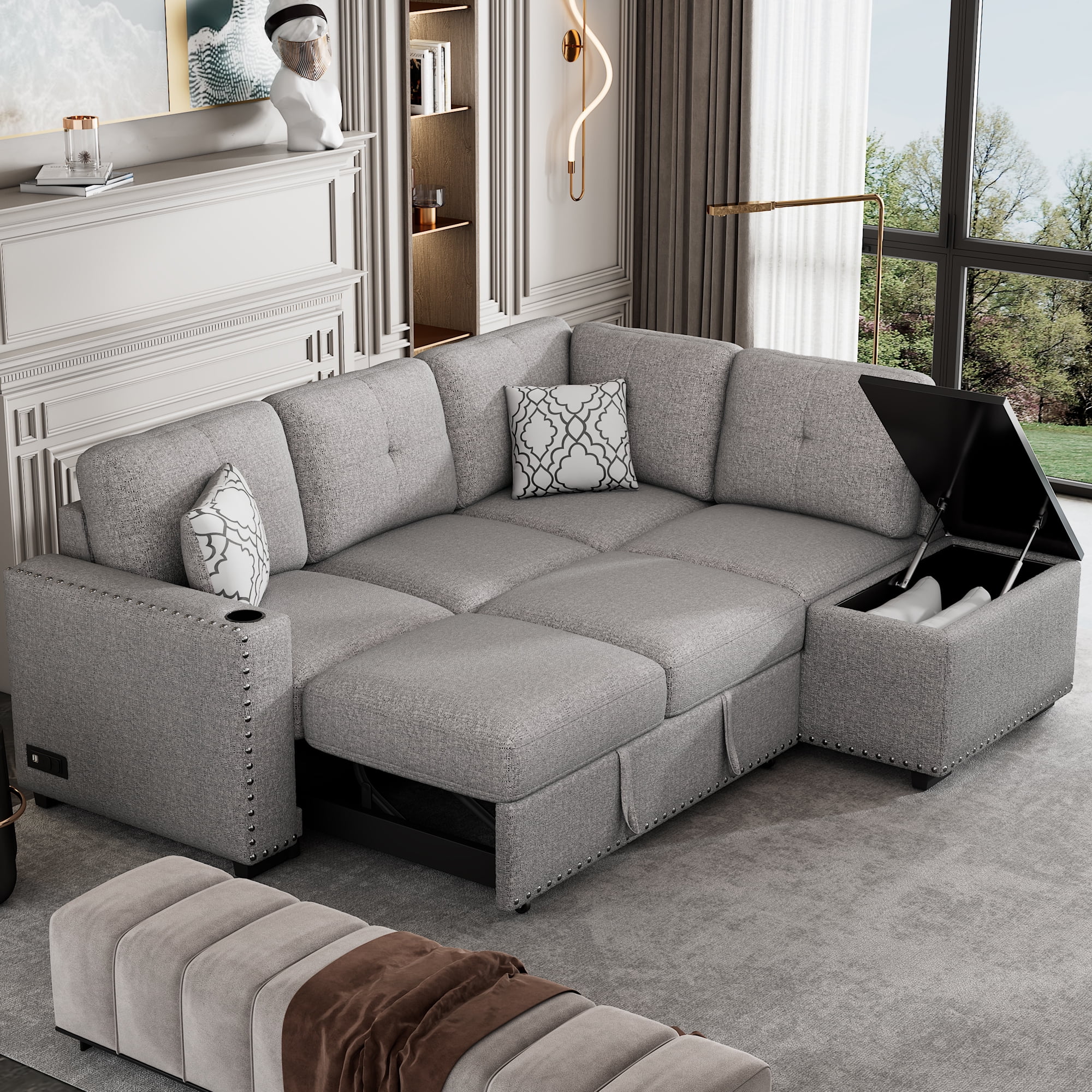 EUROCO 68.5" Wider Chenille Pull-Out Sofa Bed, L-Shaped Reversible ...