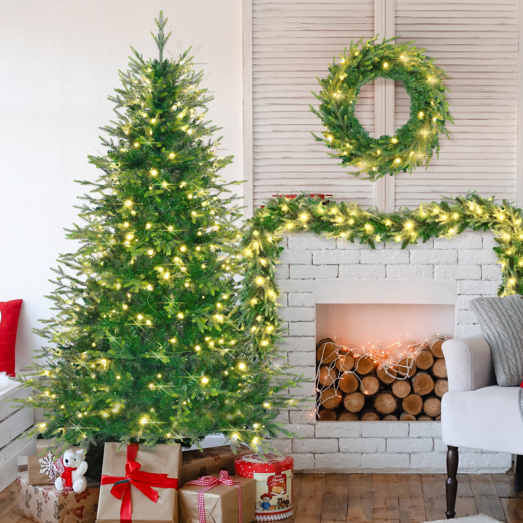 EUROCO 6ft Pre-Lit Aspen Fir Artificial Christmas Tree 3-Piece Set ...