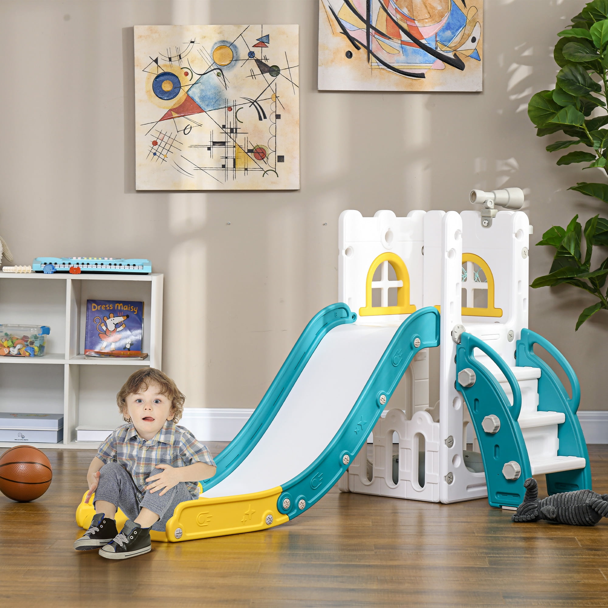 EUROCO Toddler Castle Climber Slide Play Set With Basketball Hoop ...