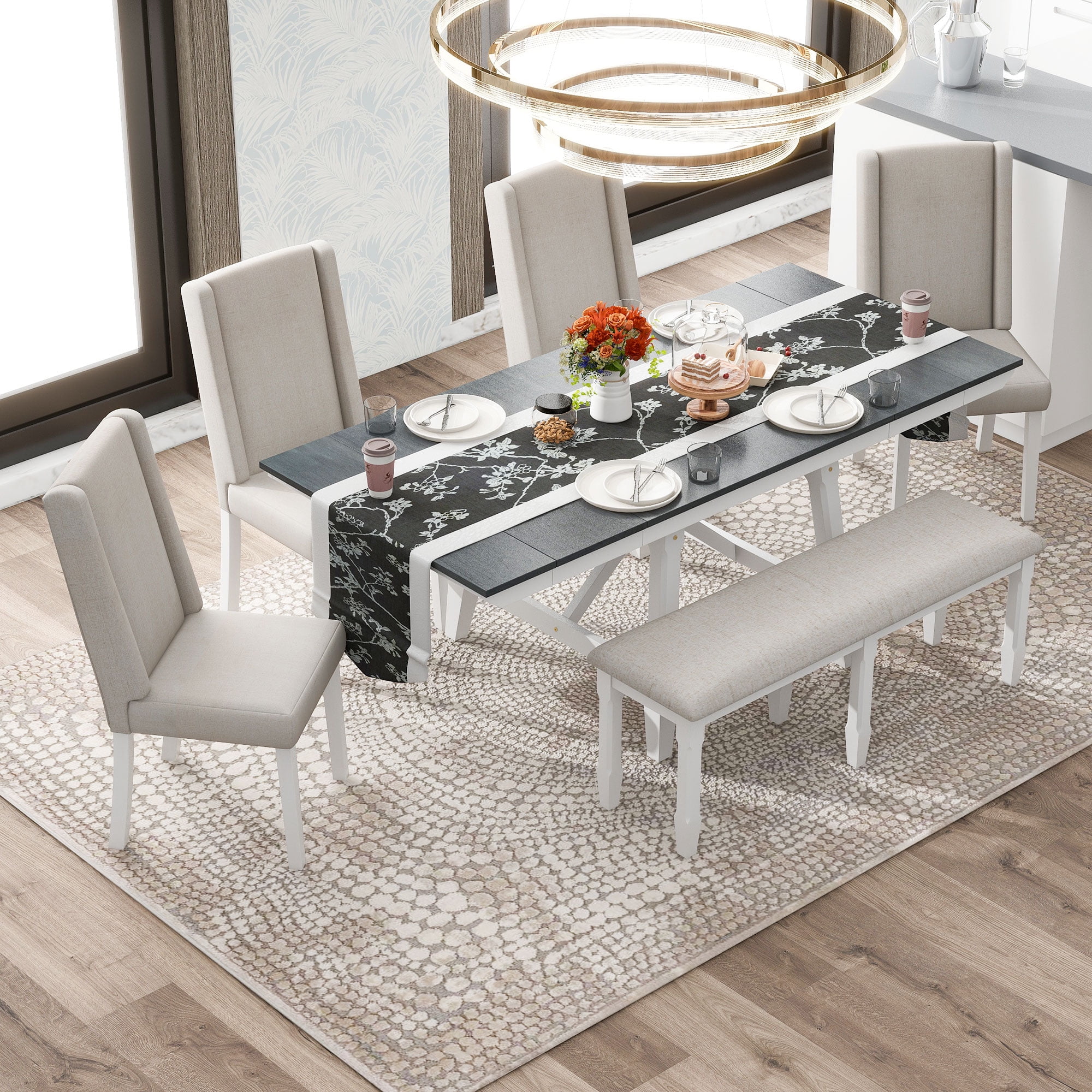 EUROCO 78" 6PCS Classic Dining Table Set,Solid Wood Extendable Dining ...