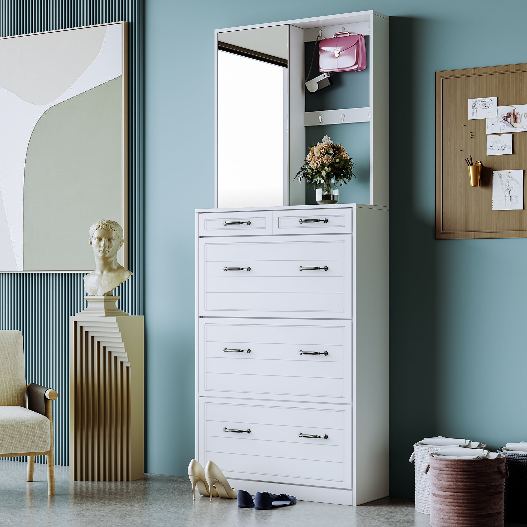 EUROCO 80.7" Higher Freestanding Hall Tree with Mirror, Shoe Cabinet up ...