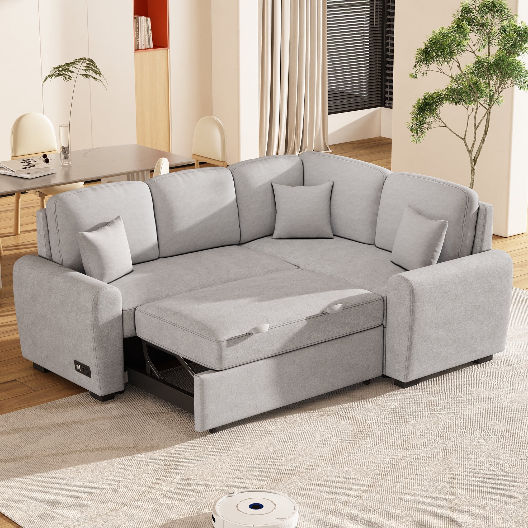 Euroco L-Shape Sectional Sleeper Sofa Bed with 3 Pillows USB Port Plug ...