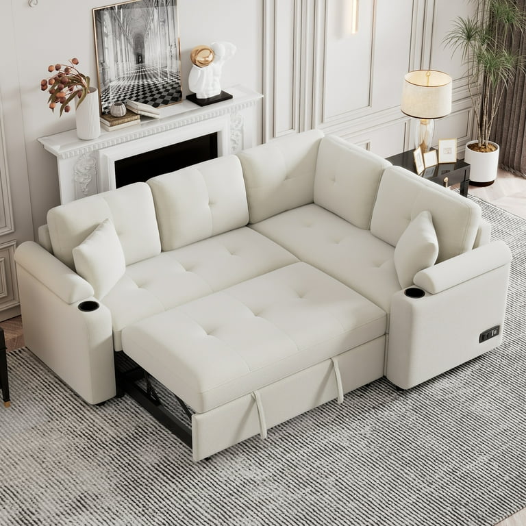 EUROCO 87.4 Longer Pull Out Sofa Bed L Shaped Boucle Fabric Sectional Sofa Couch with Ergonomic Armests USB Ports Power Sockets and 2 Pillows for Living Room Bedroom Study Walmart