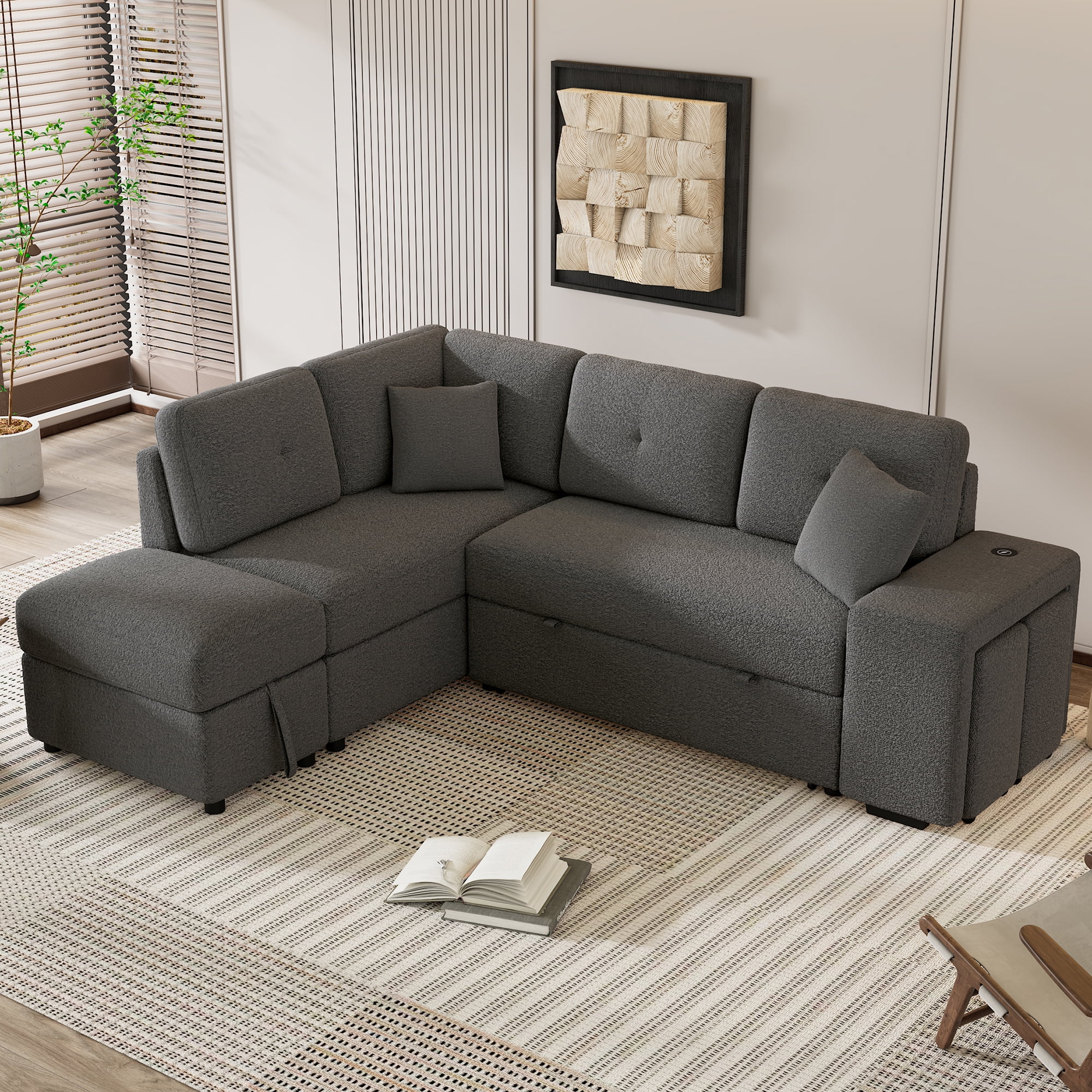 Euroco Chenille Convertible Sectional Sofa with Pillows and Stools ...