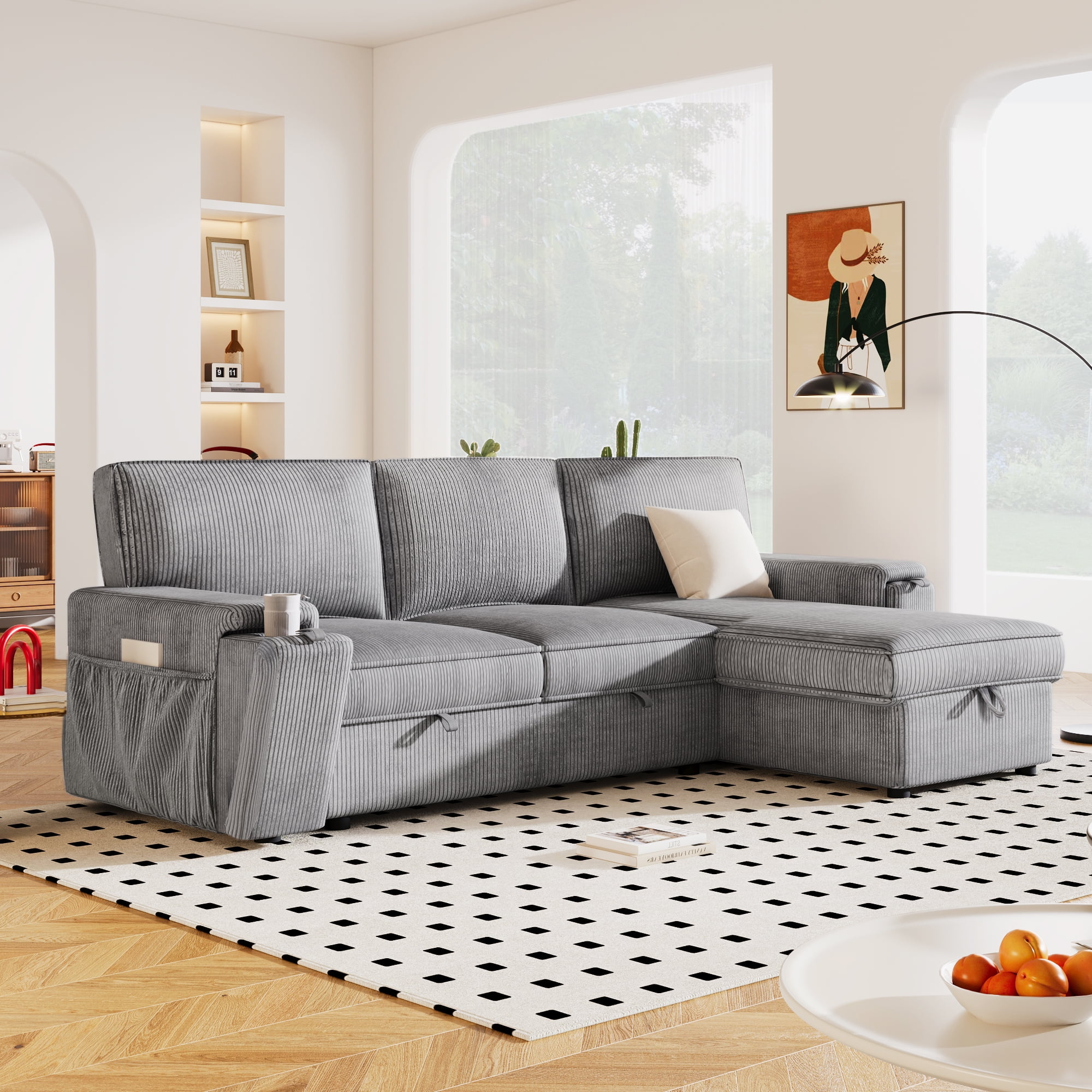 EUROCO 96.1 L Shape Convertible Sleeper Sectional Sofa with Pull Out Bed Storage Chaise and 2 Cup Holders Corduroy Upholstered Reversible Corner 3 Person Couch for Living Room Apartment Gray Walmart.c...