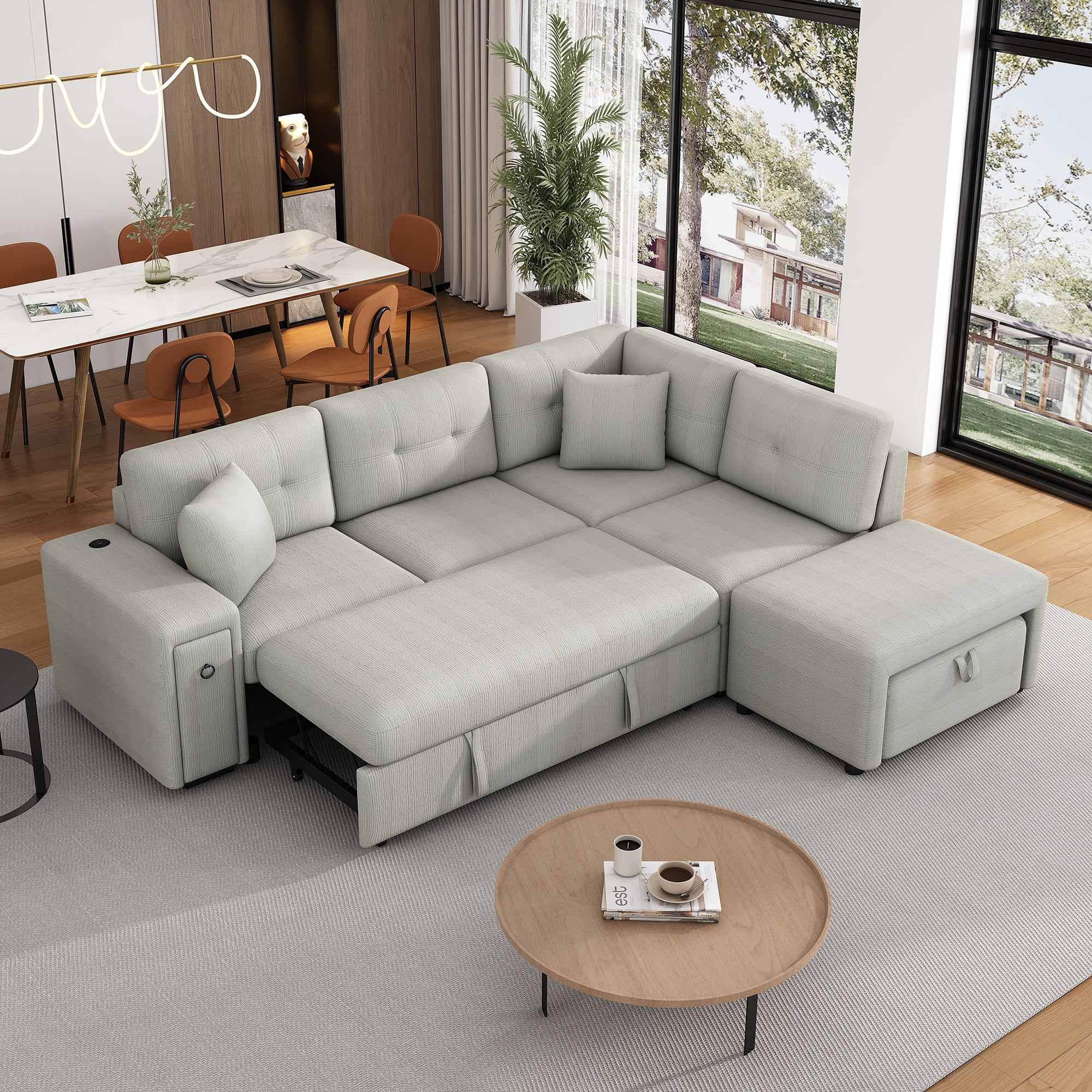 Euroco Chenille L-Shaped Sleeper Sofa with Storage, USB Ports, Ottoman ...