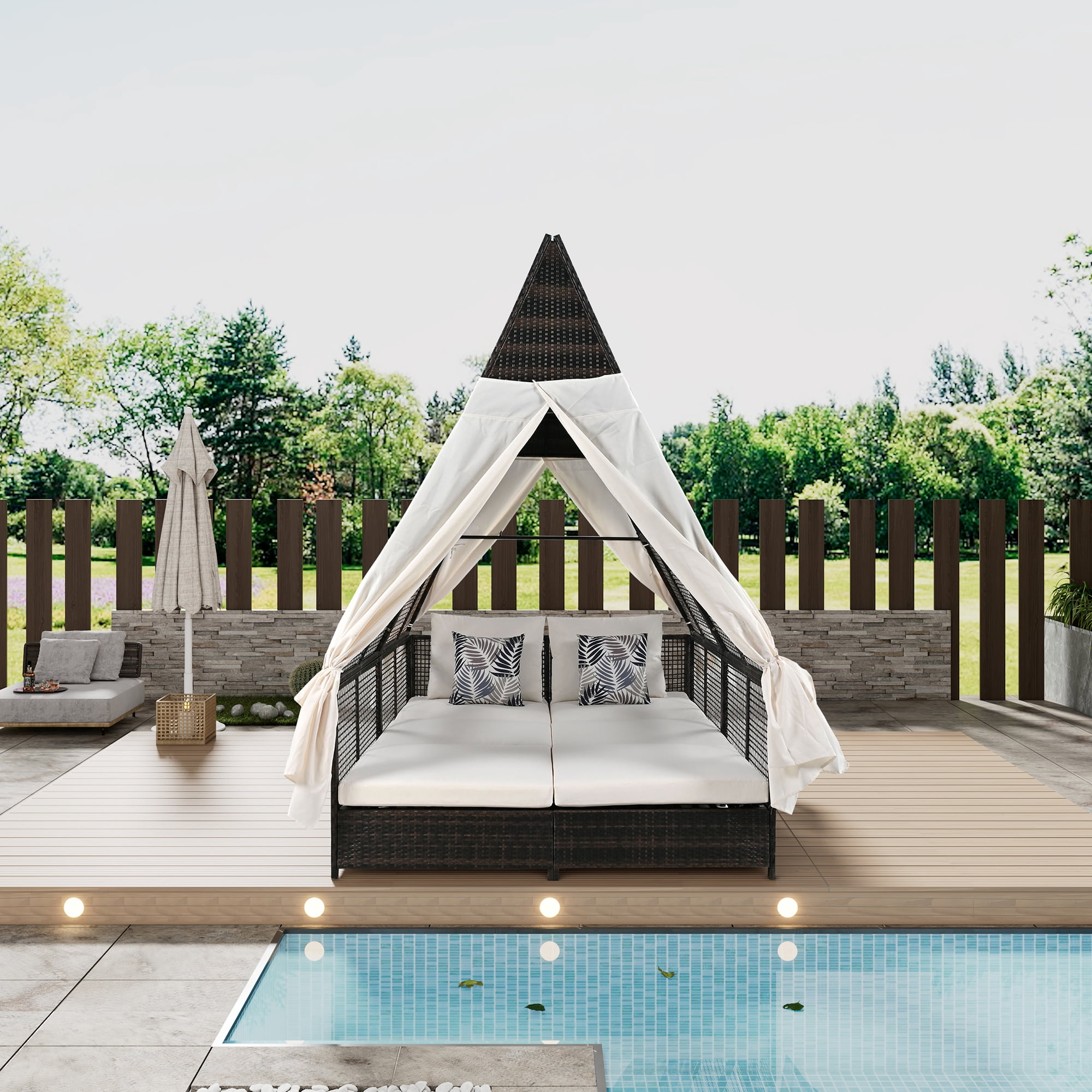 EUROCO Daybed Patio Lounge Bed, Rattan Outdoor Double Sun Lounger with ...