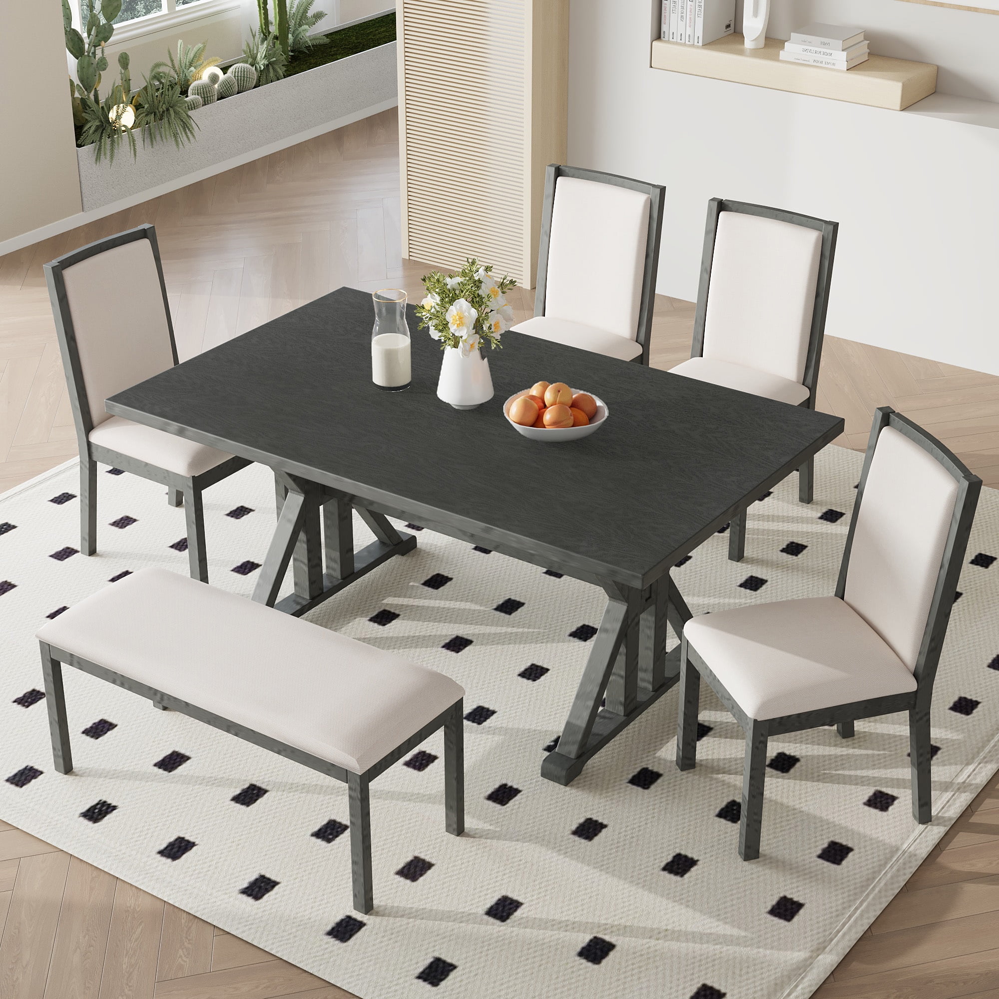 EUROCO Dining Room Table Set for 6,Dining Table Set with Trestle Legs,4 ...