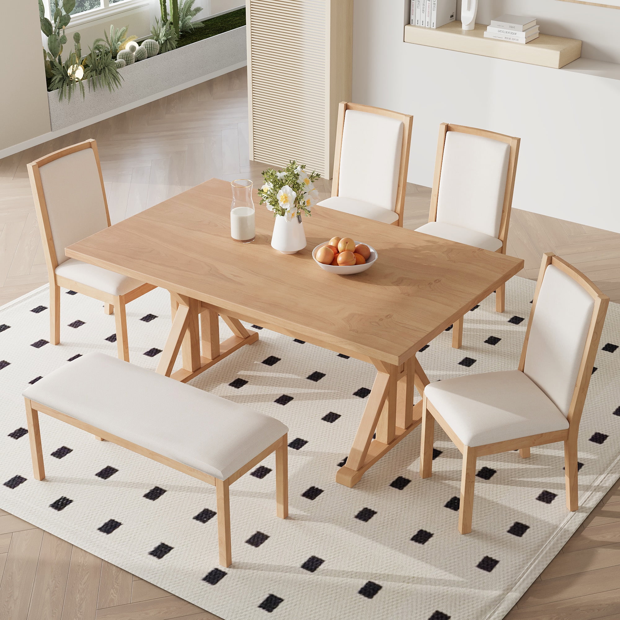 EUROCO Dining Room Table Set for 6,Dining Table Set with Trestle Legs,4 ...