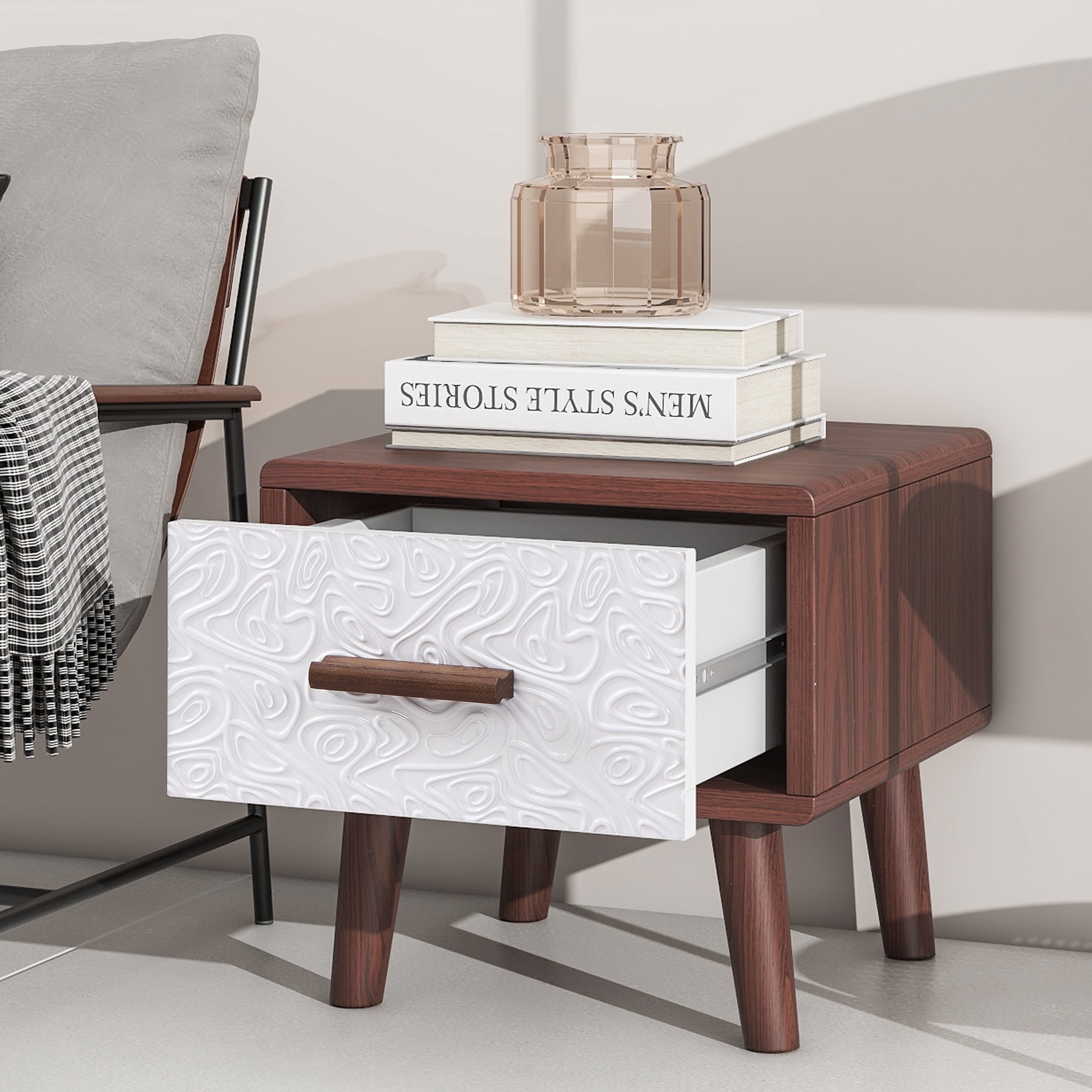 EUROCO End Table, Solid Wood Side table, Embossed Patterns Nightstand ...