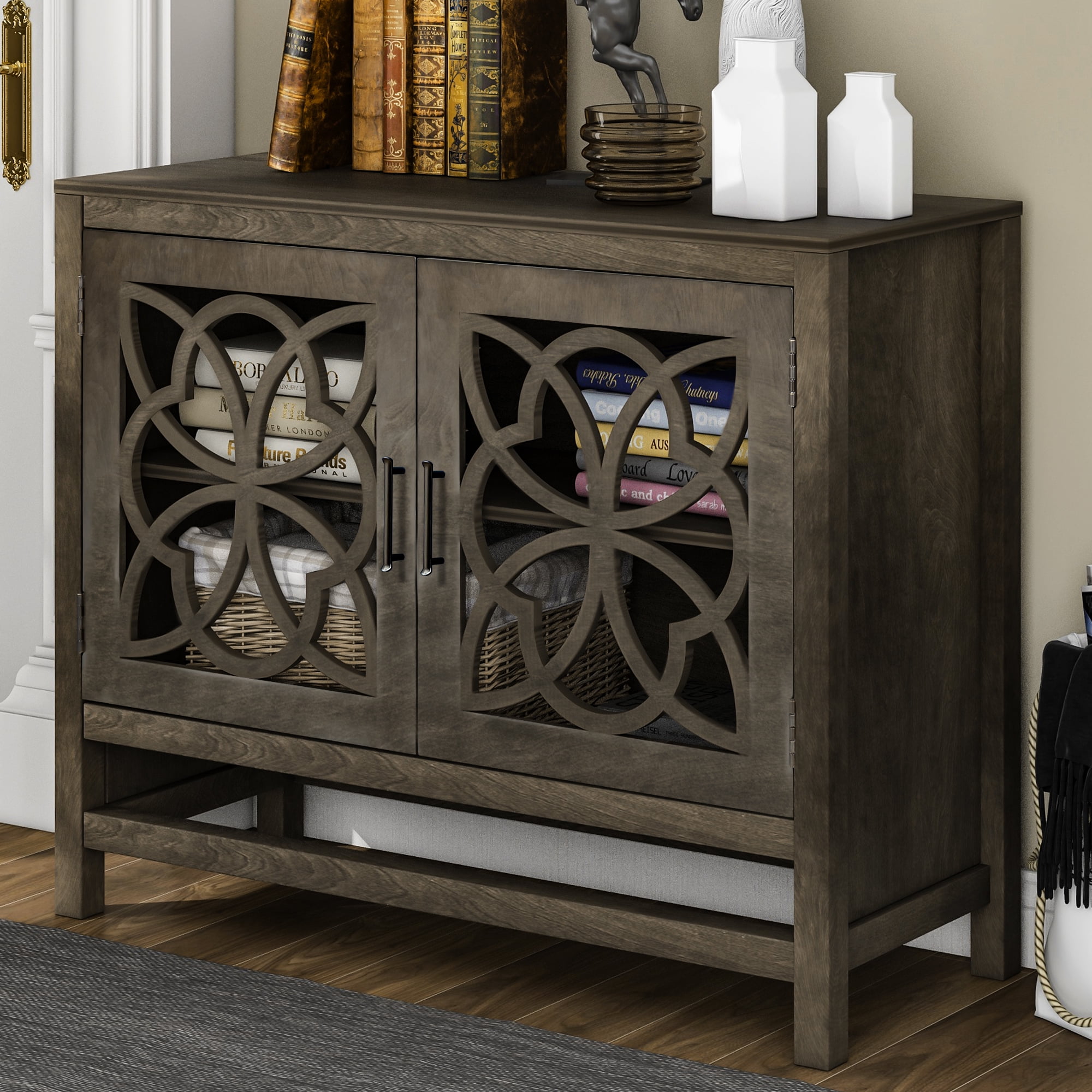 EUROCO Farmhouse Entryway Table with Doors and Adjustable Shelf,Wood ...