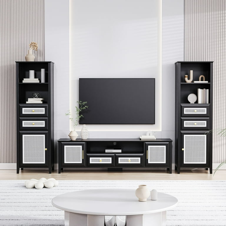 EUROCO Farmhouse Rattan TV Stand Set with Enhanced Functionality Boho Style Entertainment Center with TV Console and 2 Tall Cabinets Vintage TV Cabinet Set with Gold Metal Handles Black Walmart